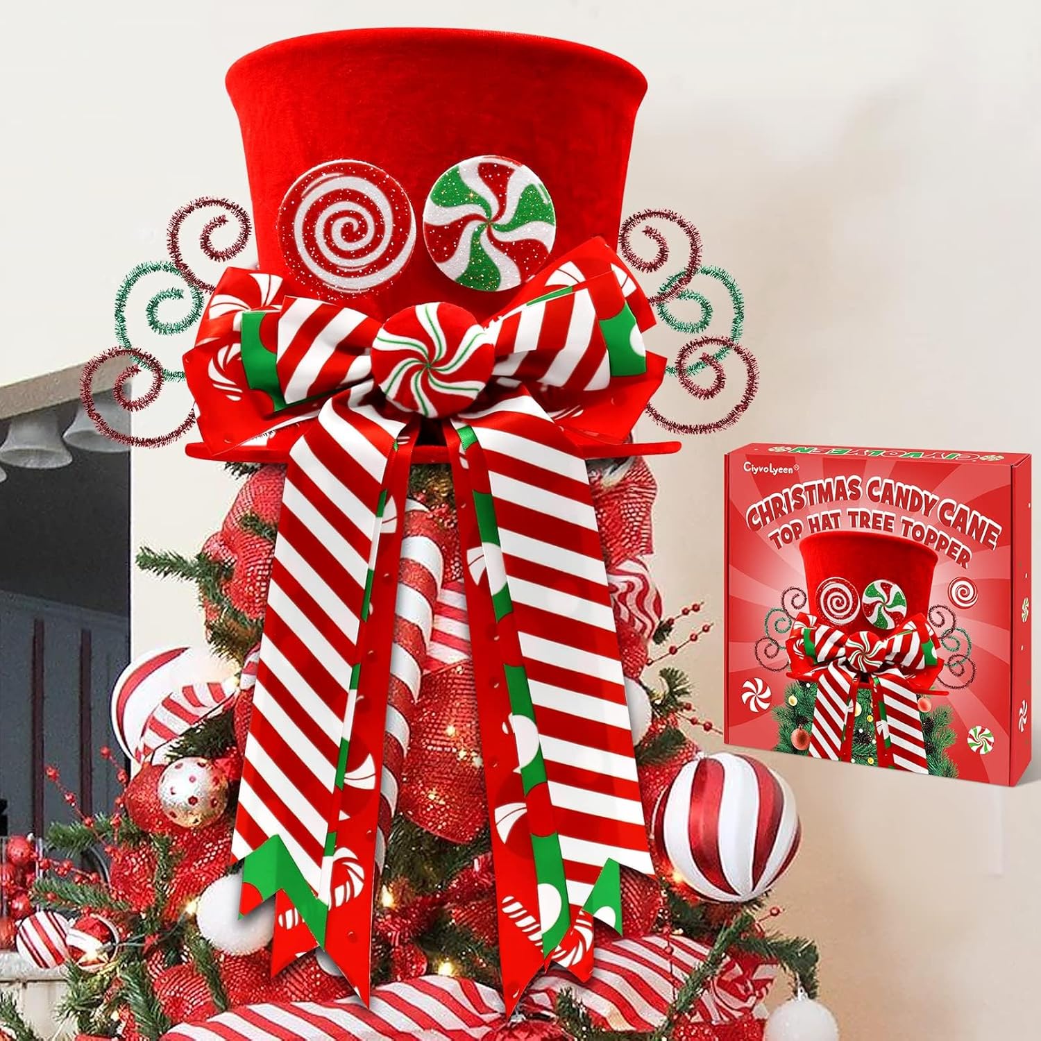 Amazon.com: Christmas Candy Canes Tree Topper Red Hat with Peppermint ...