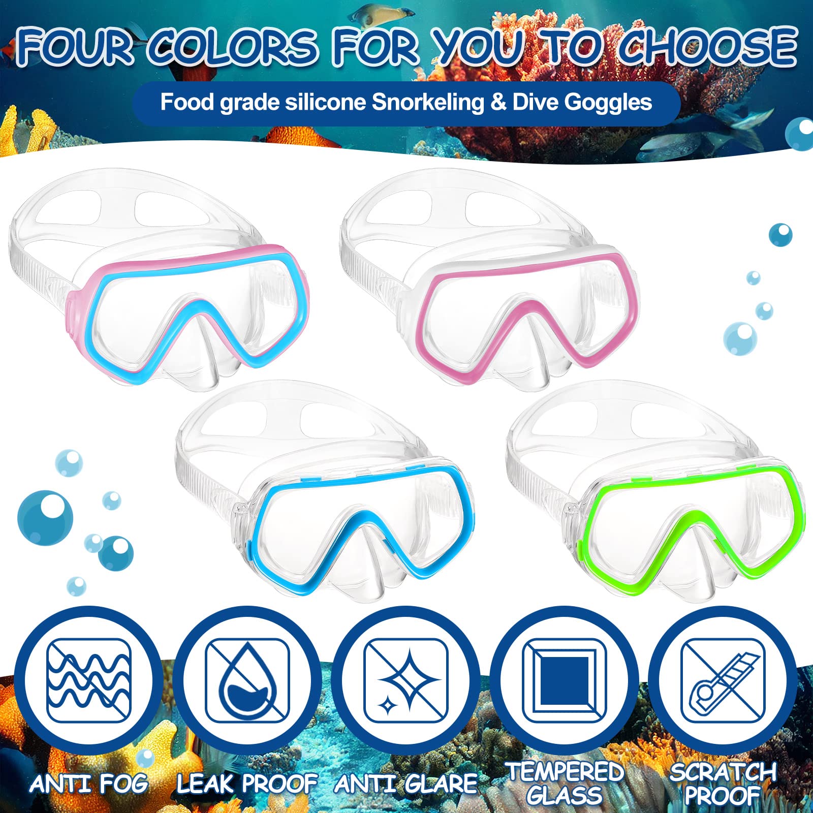 4 Pcs Unisex Swim Goggles for Kids 3-8 Tempered Glass Snorkel Diving ...