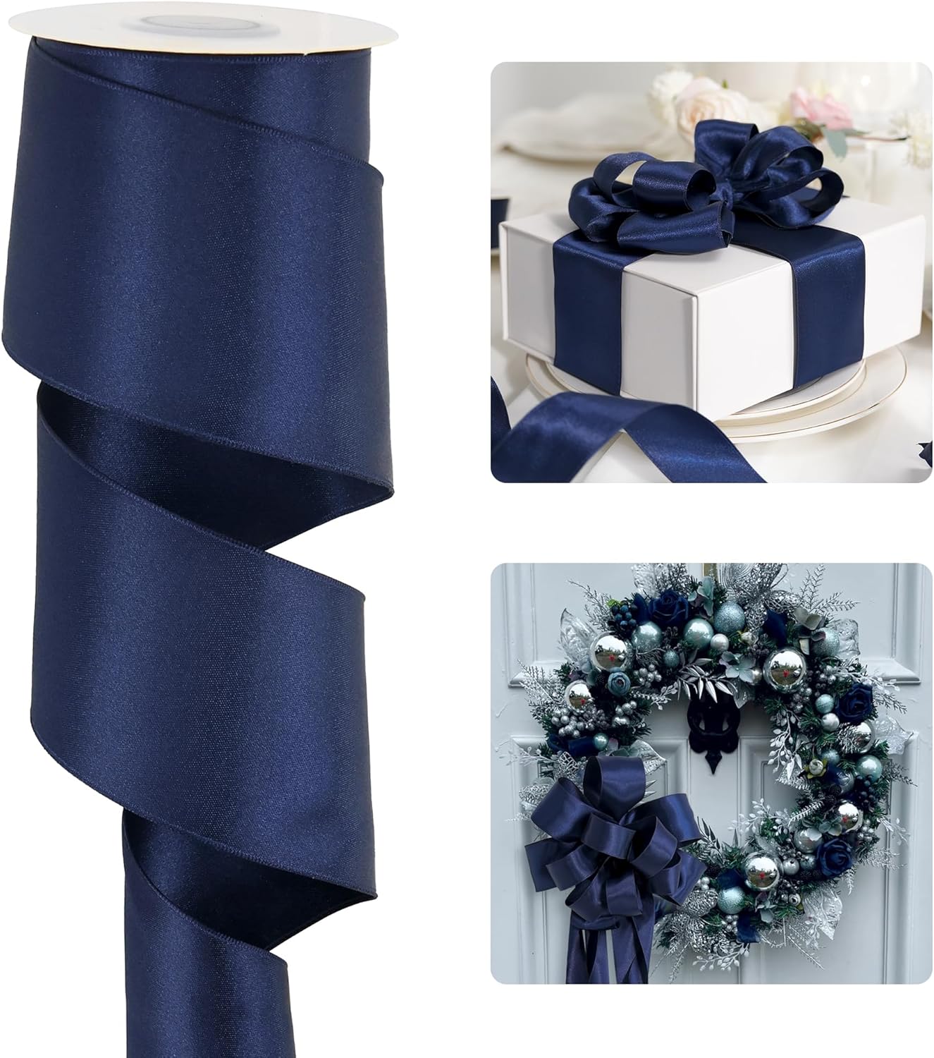 Amazon.com: HUIHUANG Navy Blue Satin Wired Ribbon 2.5 inch Navy Wire ...