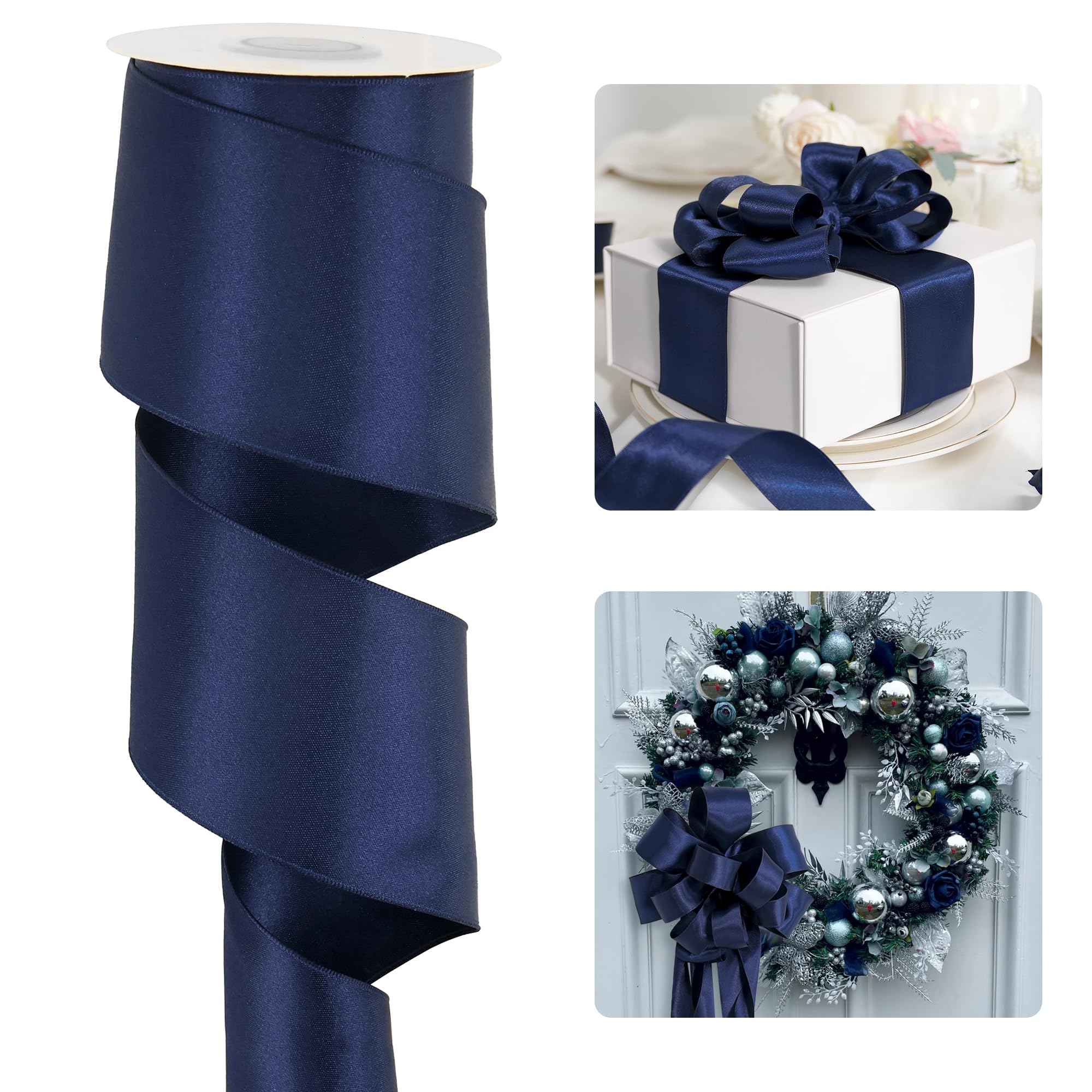 Amazon.com: HUIHUANG Navy Blue Satin Wired Ribbon 2.5 inch Navy Wire ...