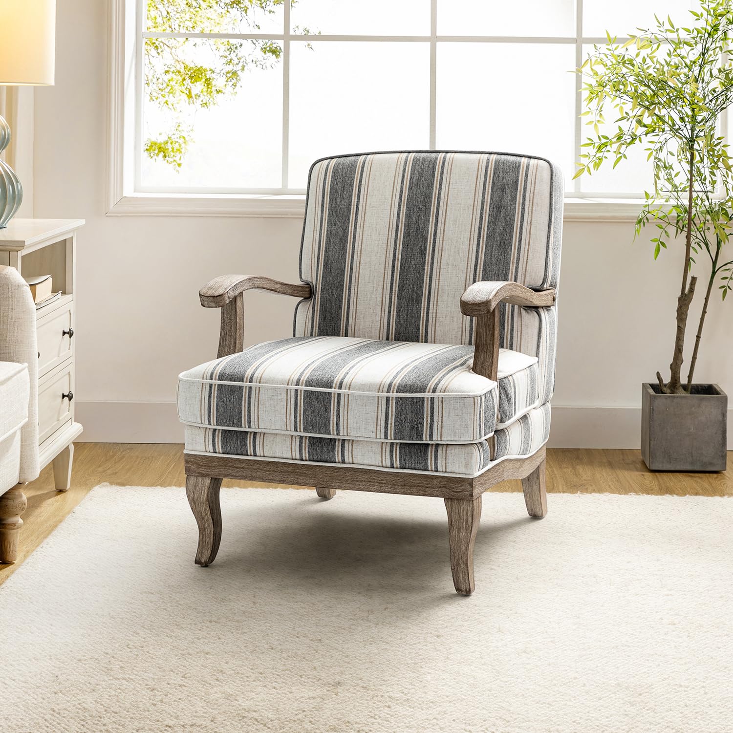 Quentin Farmhouse Style Wooden Upholstered Stripe Arm Chair with ...