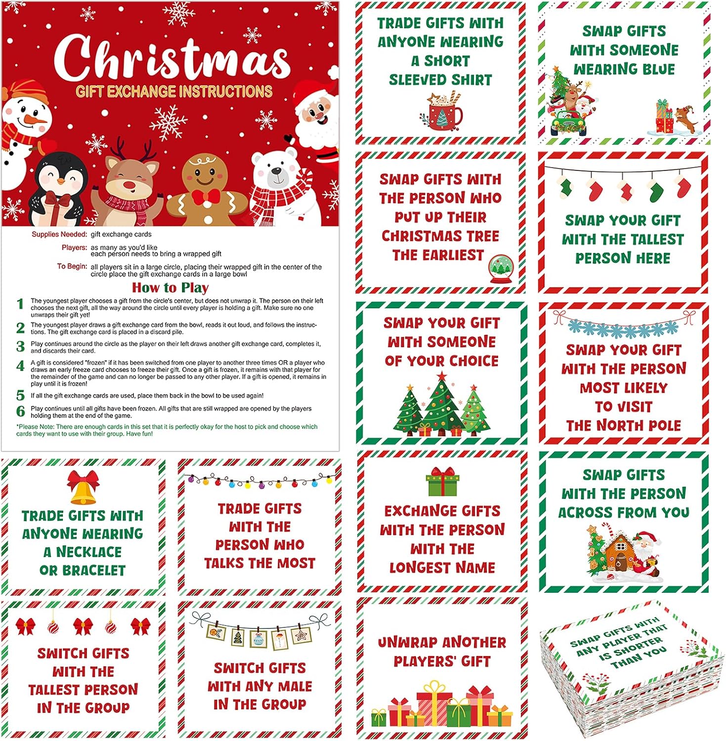 Amazon.com: 61 Pcs Christmas Gift Exchange Game Cards Merry Christmas ...