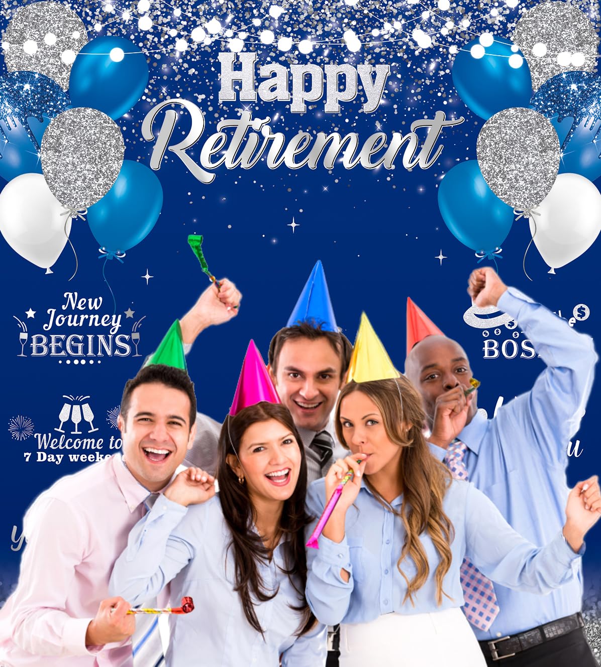 Snapklik.com : RUYI Blue Silver Happy Retirement Backdrop 6x6.6FT We ...