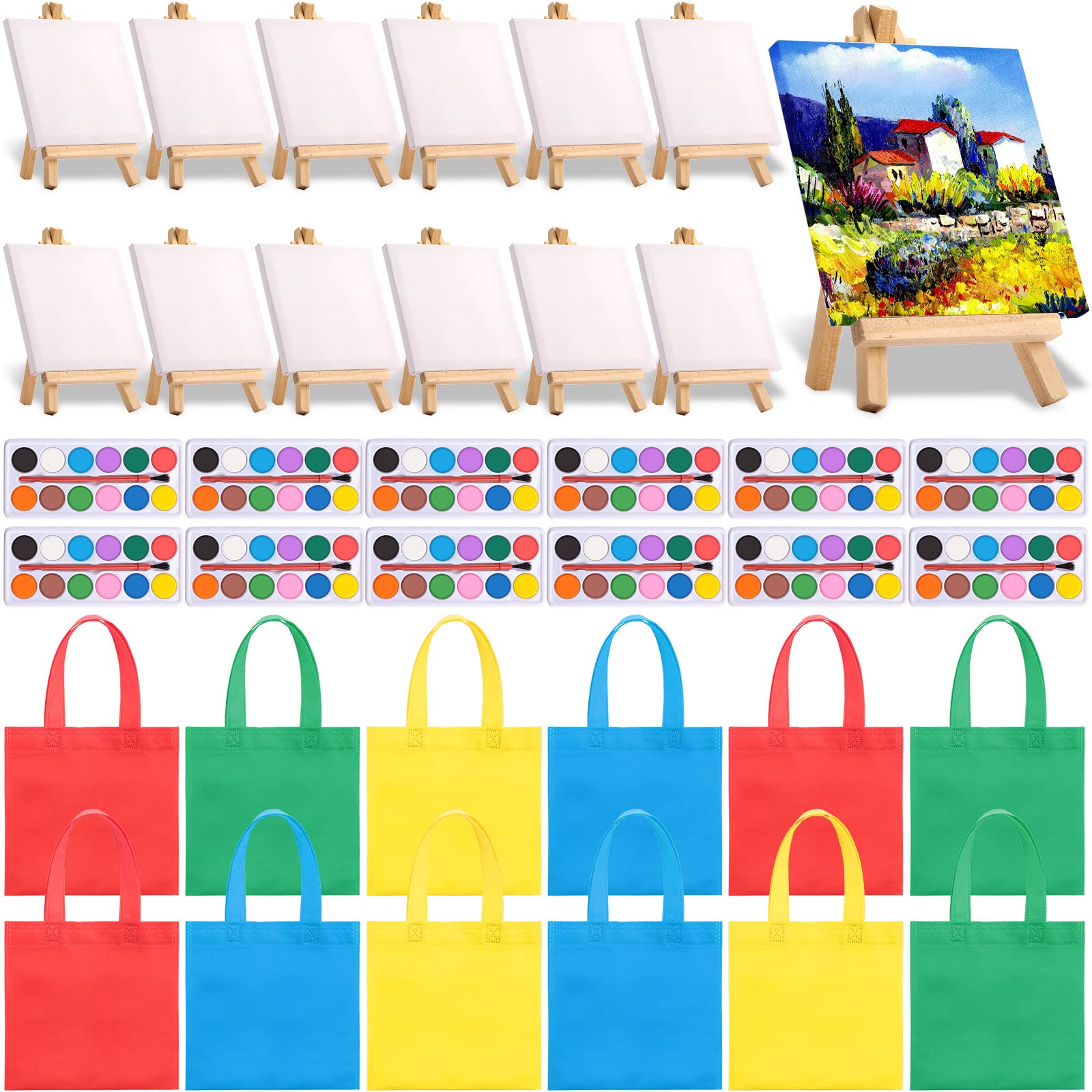 72 Pcs Mini Canvas Easel and Watercolor Paint Set 4 x 4 Inch Canvases ...