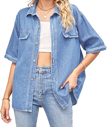 YAOSI YAOSI Women's Short Sleeve Jean Jackets Denim shirts Button Down fashion Distressed Coat ...