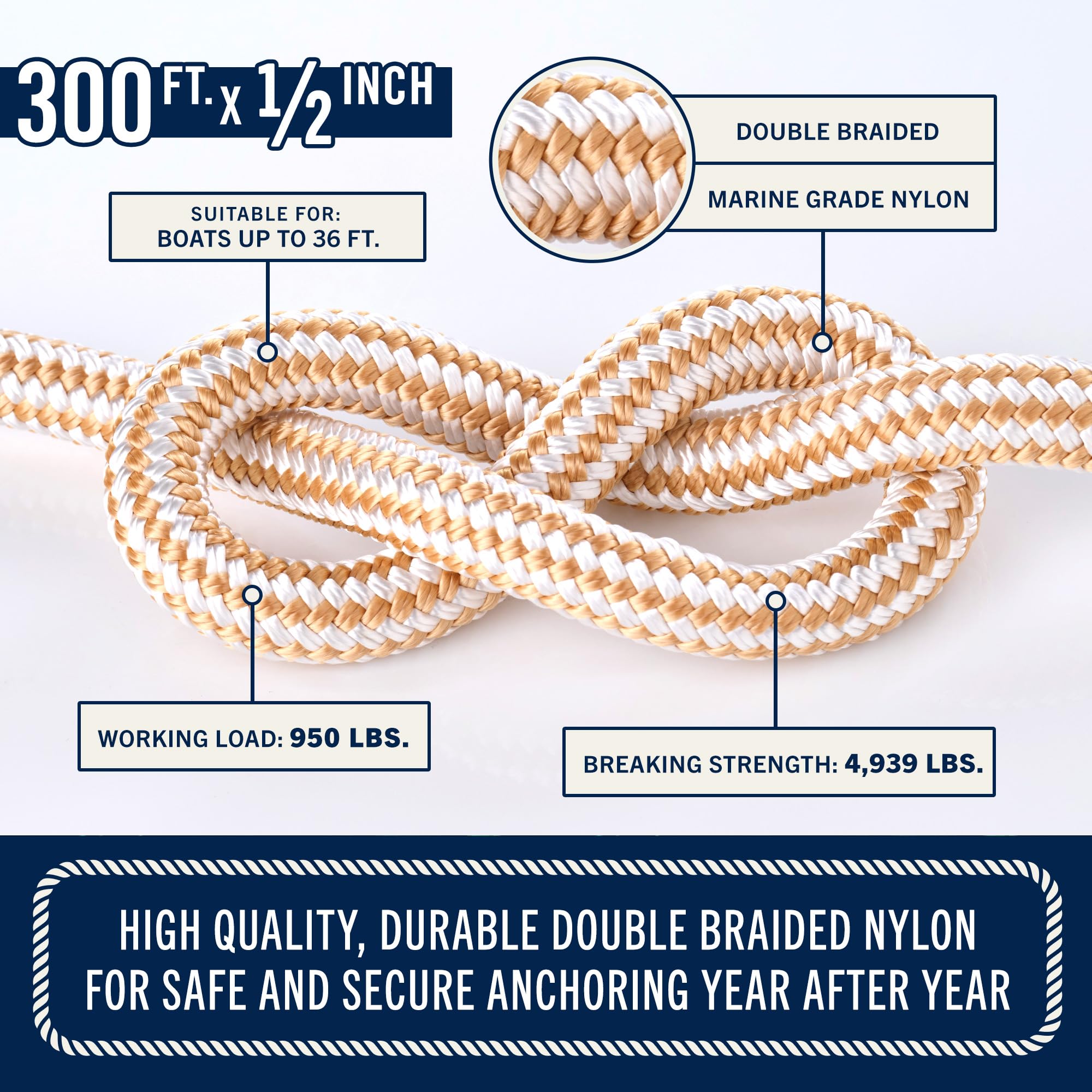 Snapklik.com : RainierSupplyCo Boat Anchor Rope - Double Braided Marine ...