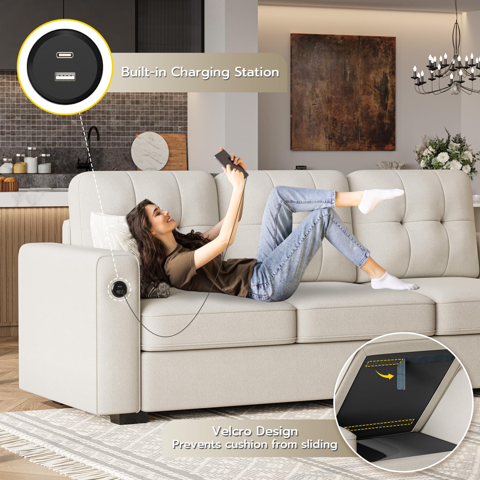 Hasuit 3 Seater Sofa with 27.56'' Deep Seats, Modern Sofa Couch with ...