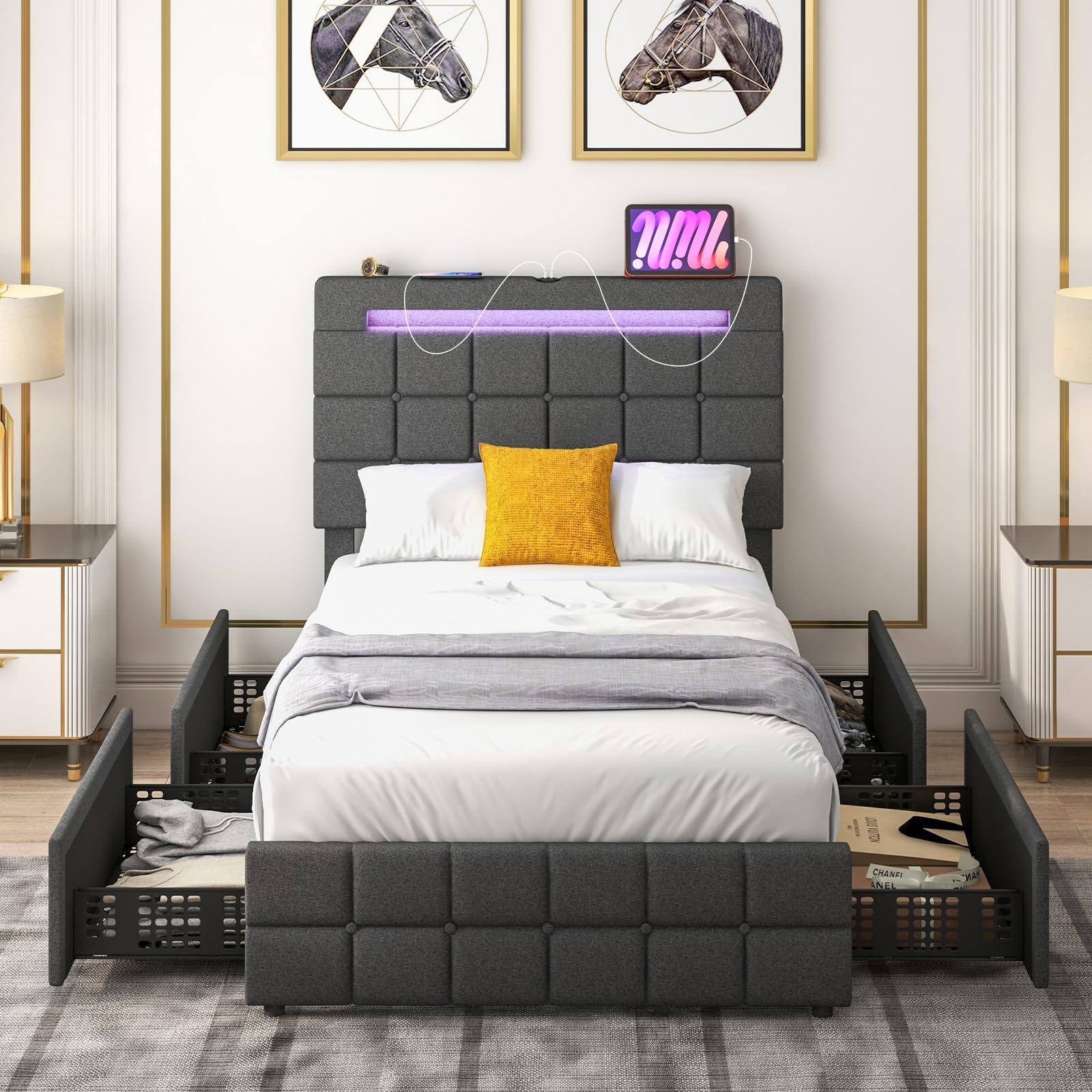 Amazon.com: Giantex Twin Bed Frame with LED Lights and 4 Drawers ...