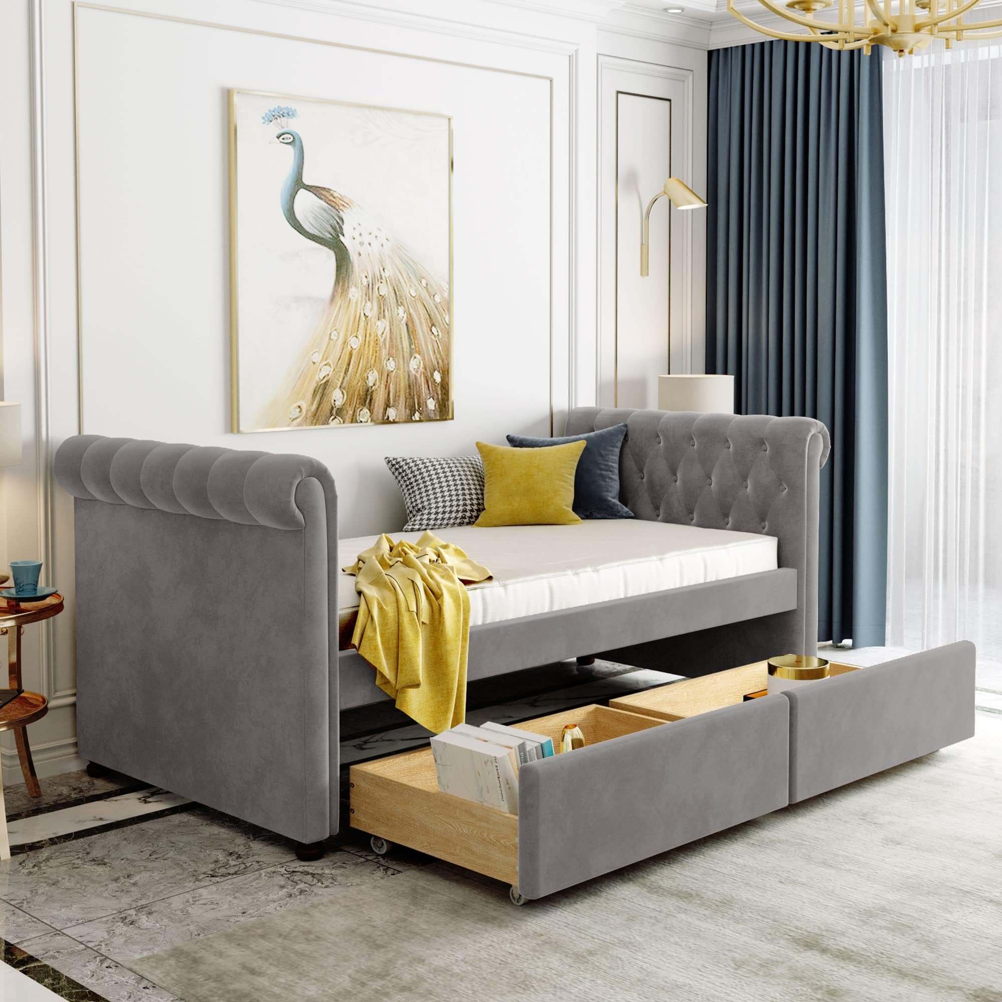 Amazon.com: Merax Twin Size Upholstered Daybed with 2 Storage Drawers ...