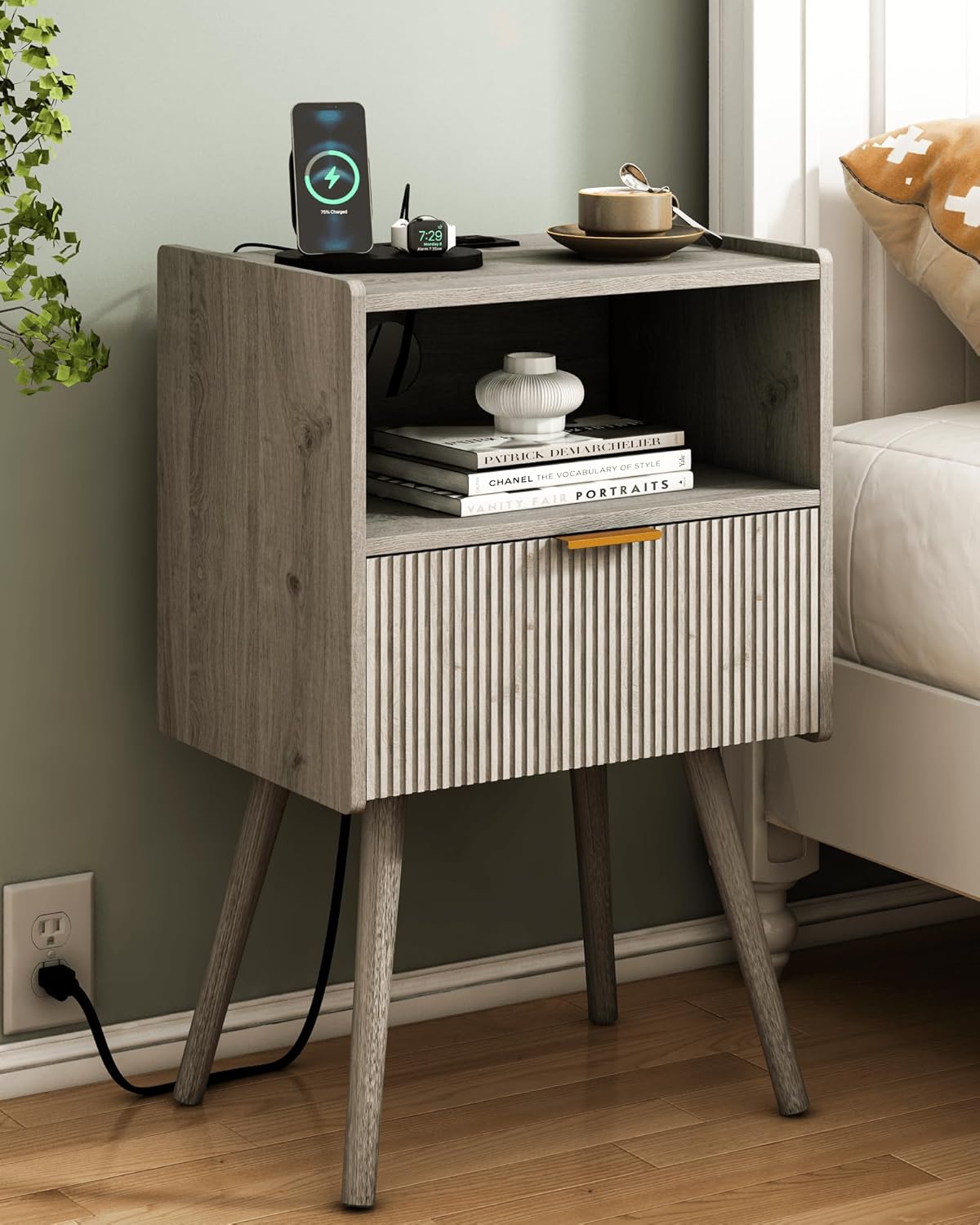 Amazon.com: JOONEE Nightstand with Outlet,Modern Bedside Table with Storage Drawer and Open Wood ...