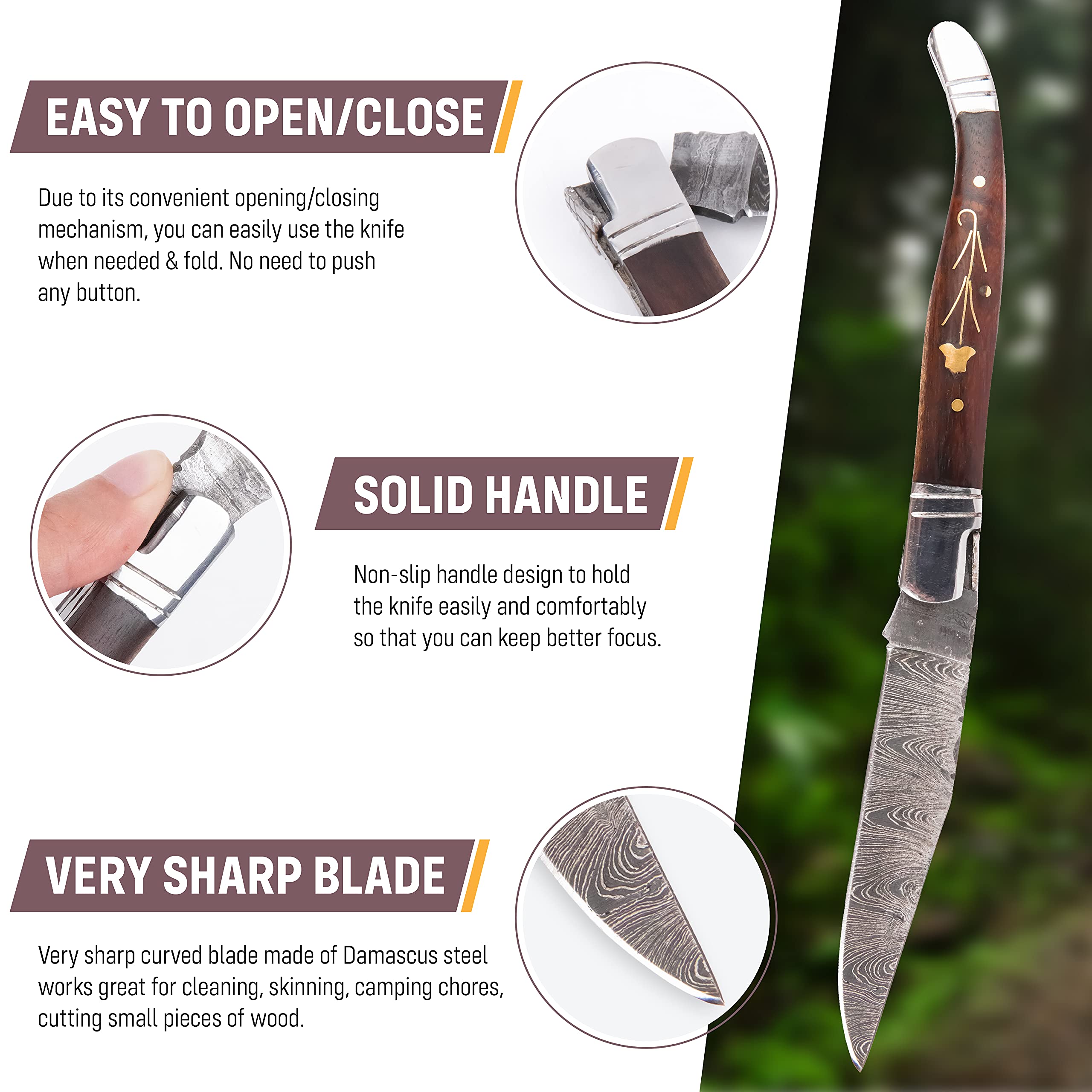 ORKLO Original Damascus pocket knife with Leather Sheath, 8.5-inch ...