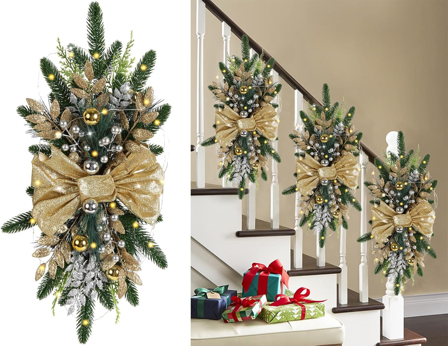 Amazon.com: INSUNSIX 4PCS Christmas Swag Wreath with Lights Cordless ...