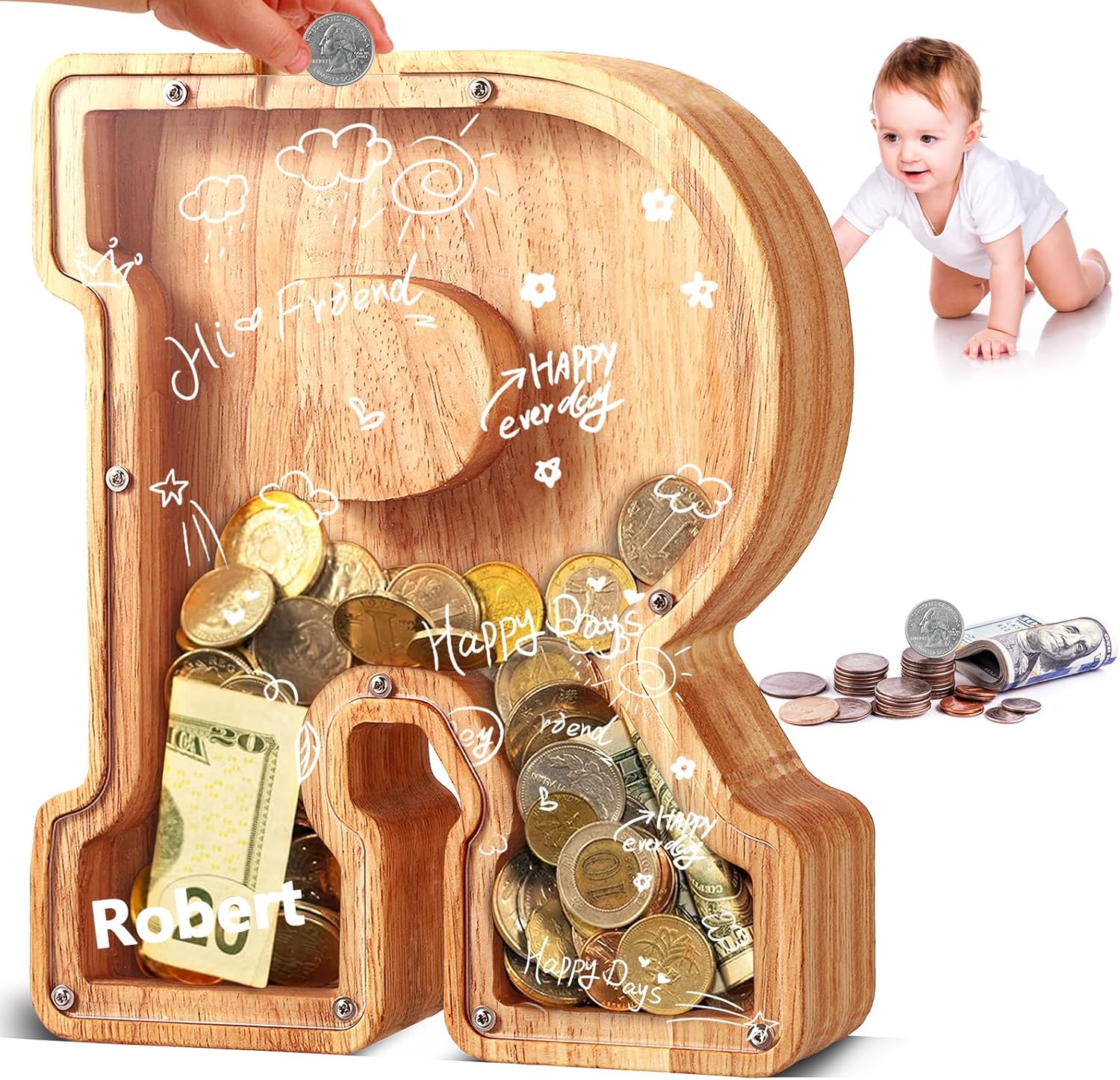 Amazon.com: UBeesize Wooden Letter Piggy Bank for Boys Girls Toddler ...