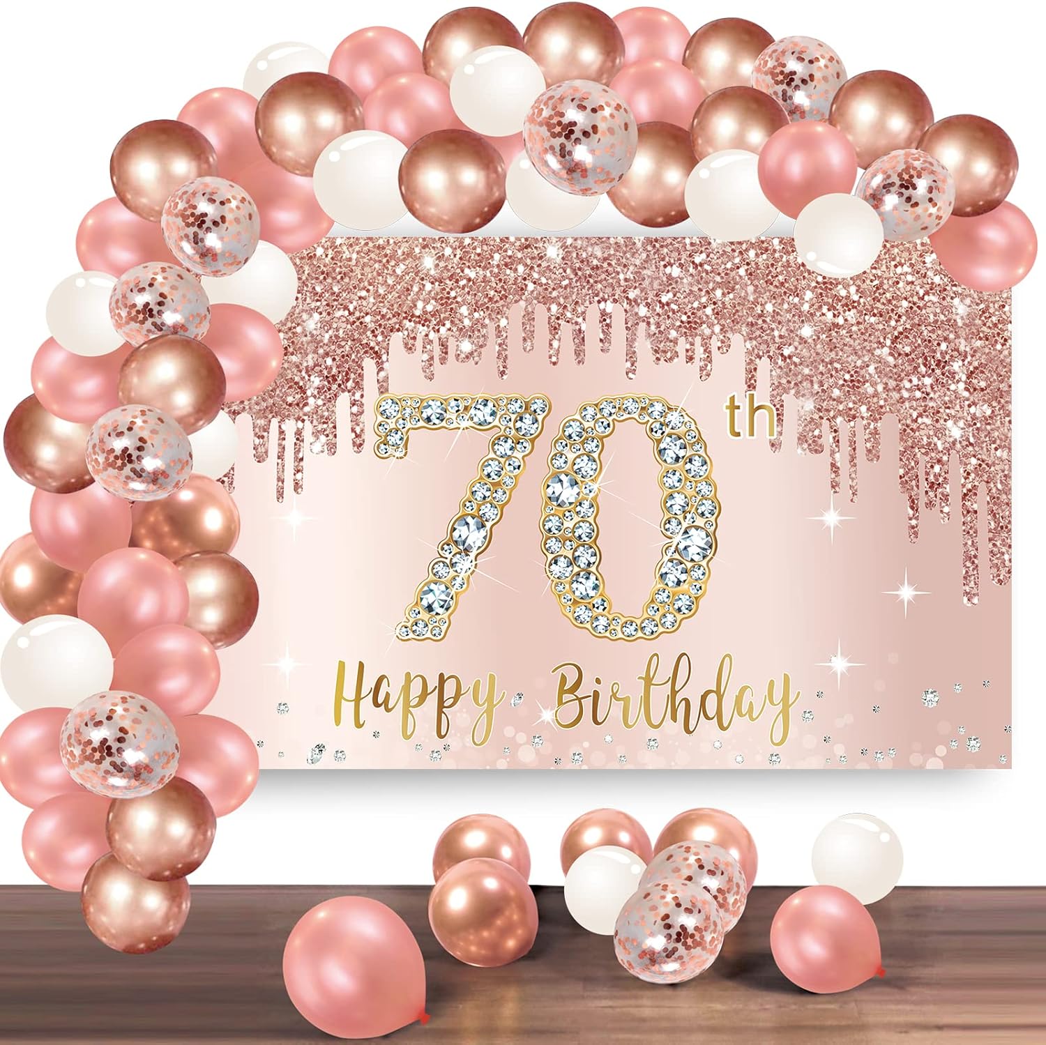 Amazon.com: Happy 70th Birthday Banner Backdrop Decorations with Confetti Balloon Garland Arch ...