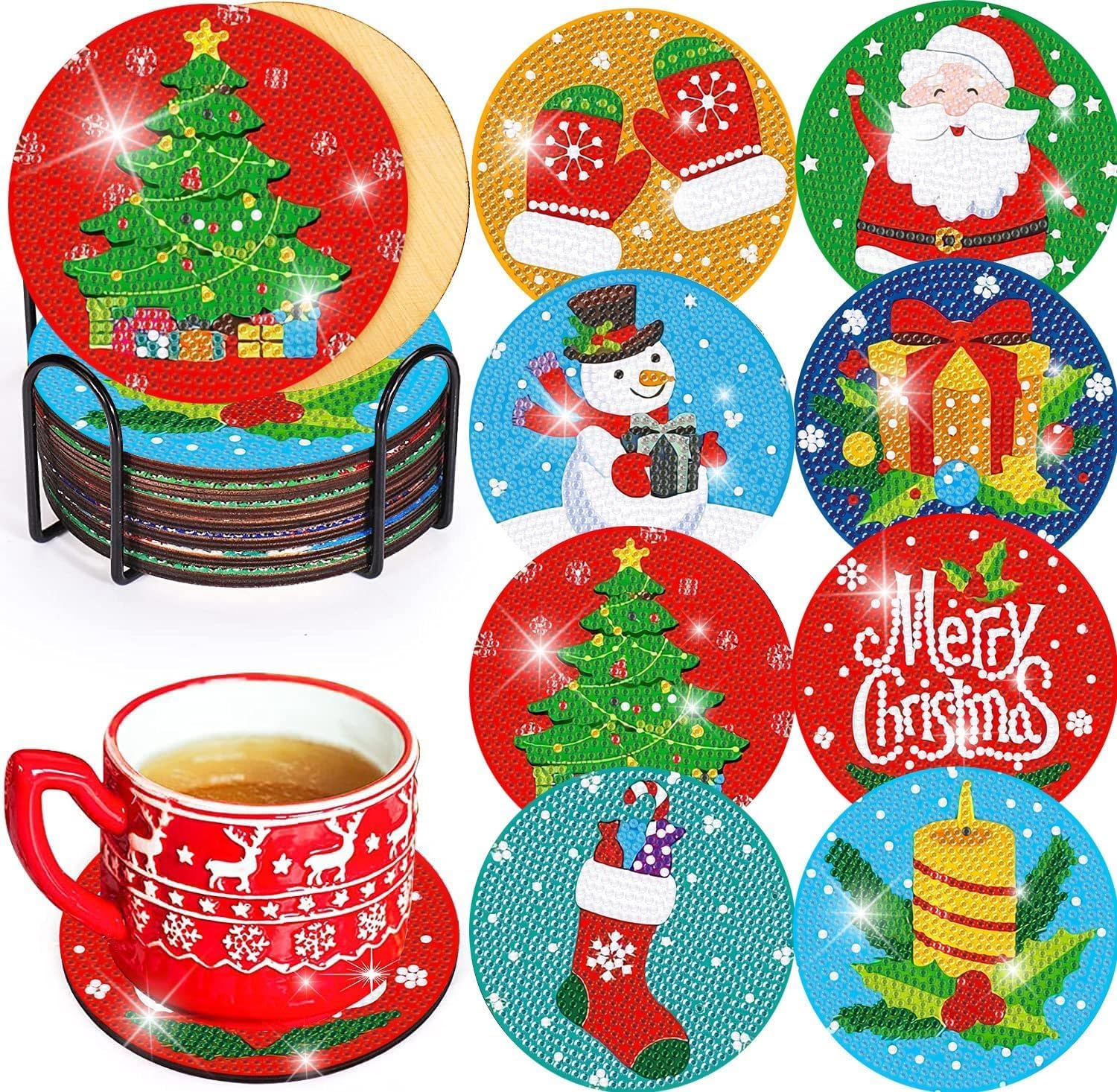 Amazon.com: igoodom 8 PCS Christmas Diamond Art Coasters Kit, Diamond ...