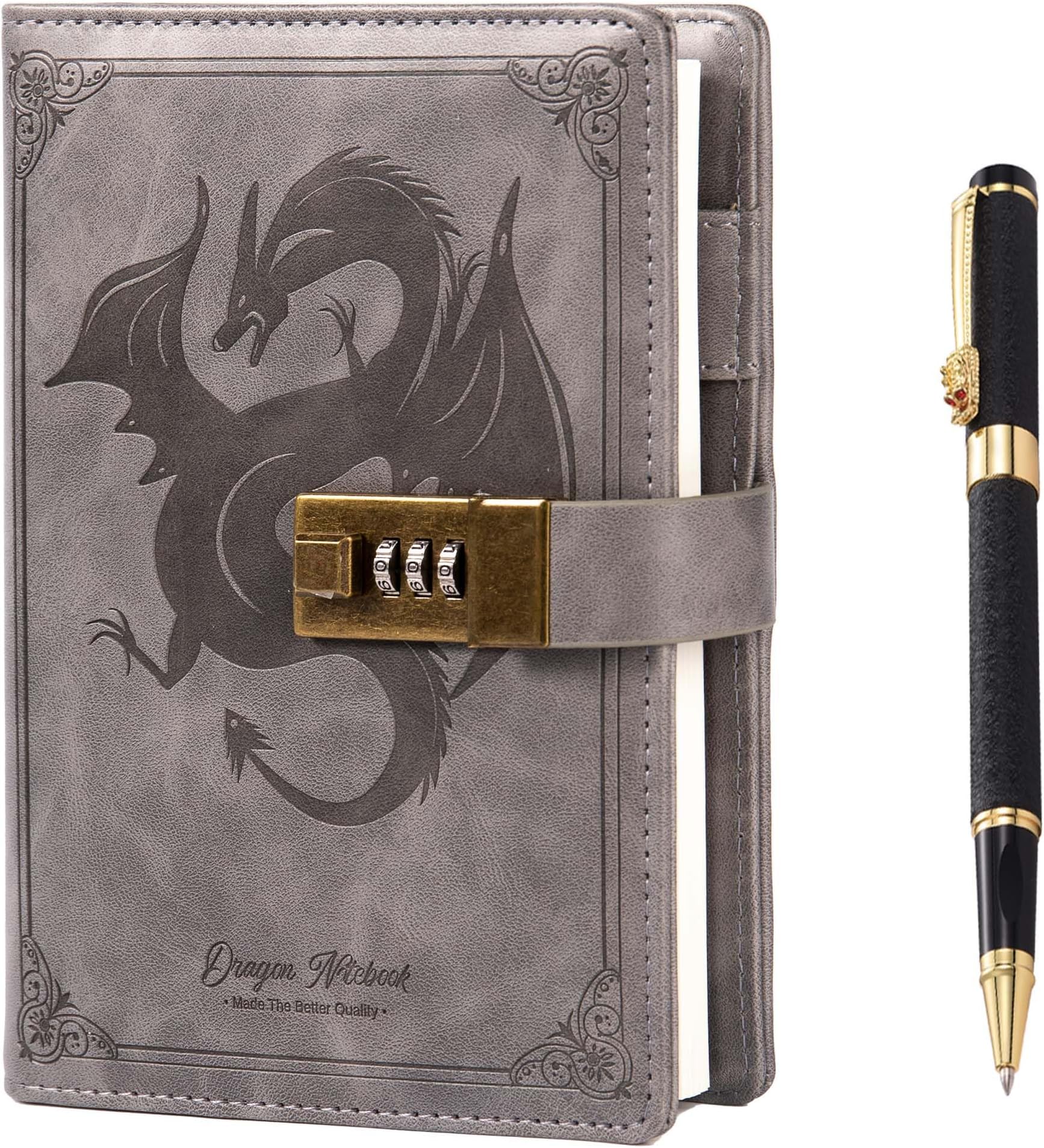 Dragon Leather Journal Notebook, Diary with Combination Lock, Lined ...