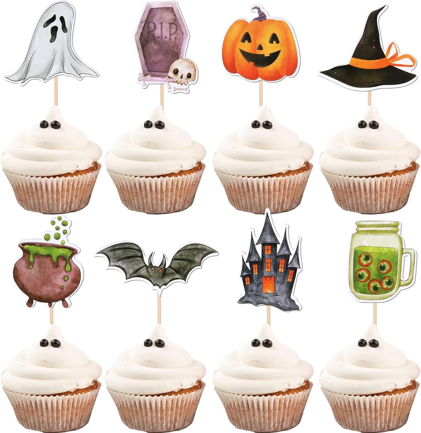 Amazon.com: 40 PCS Halloween Cupcake Toppers Double Sided Witch Hat ...