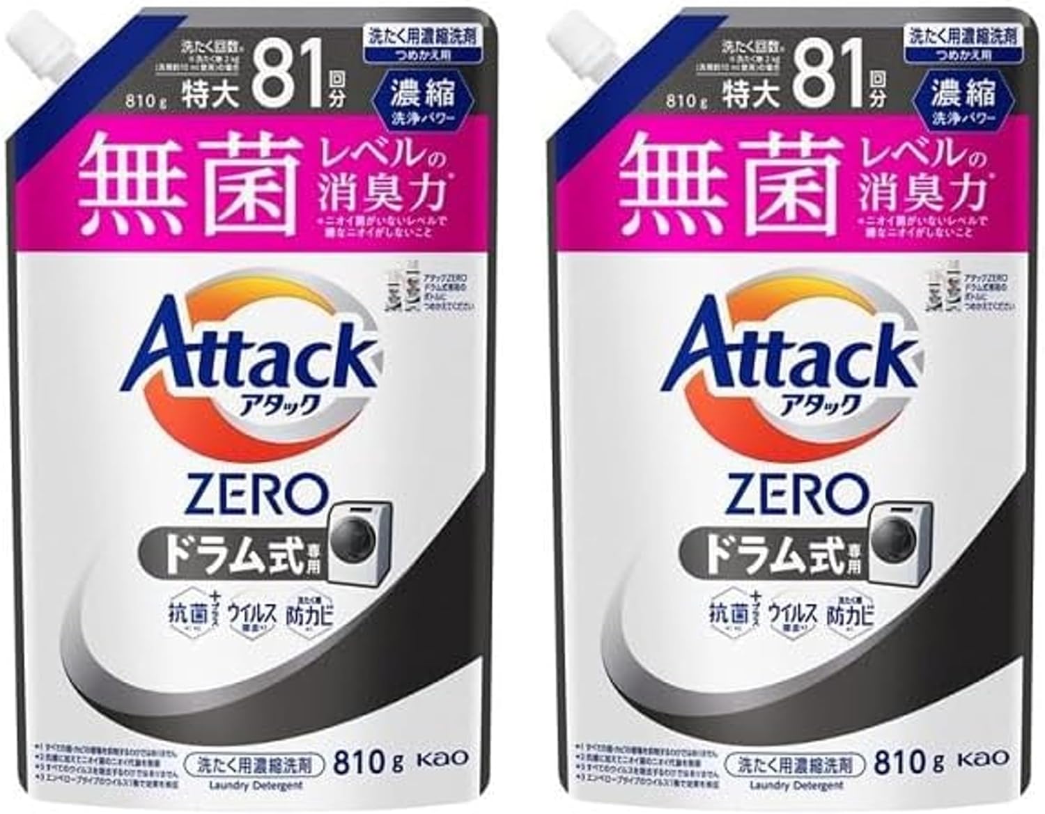 Amazon | 【まとめ買い】アタックZERO ドラム式専用 つめかえ用 特大サイズ 810g ×2個 無菌レベルの消臭力 詰め替え アタックゼロ | marrole | 液体洗剤