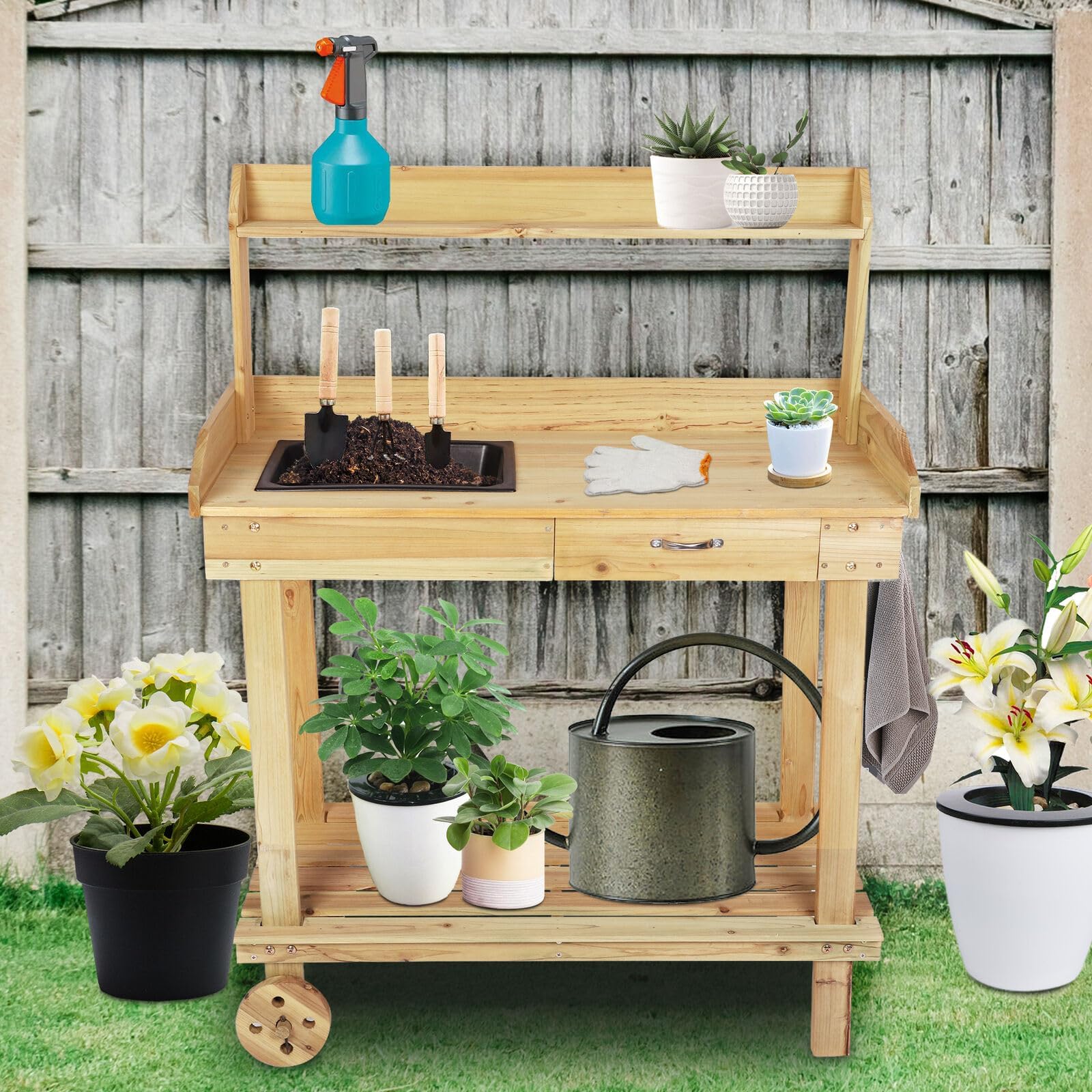 Amazon.com: CutuLi Outdoor Garden Potting Bench Table Rolling Planting ...