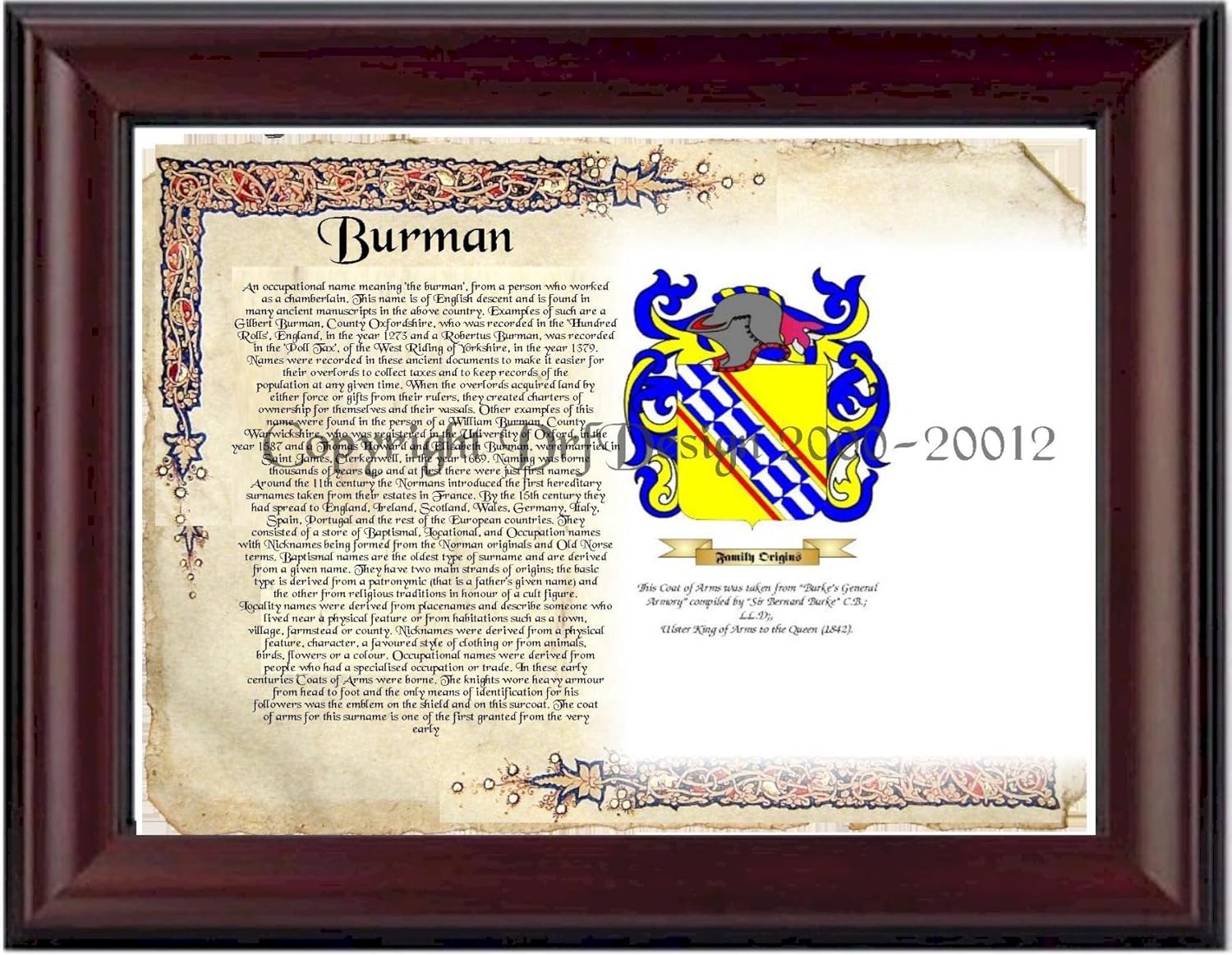 Amazon.com: Burman Coat of Arms/ Family History 11" x 13 " Wood Framed ...