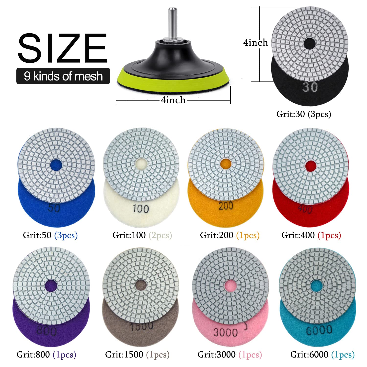 16PCS Wet Dry Diamond Sanding Pads Kit 4 Inch Diamond Polishing Pad 30 ...