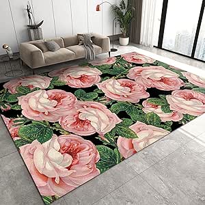 Amazon.com: Pink Peony Rose Area Rugs, Green Thorn Branches and Leaves ...