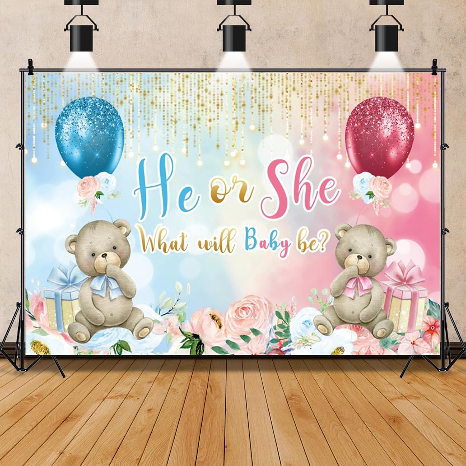 Amazon.com : Mestiker 7x5ft He or She Backdrop Banner Blue Pink Teddy ...