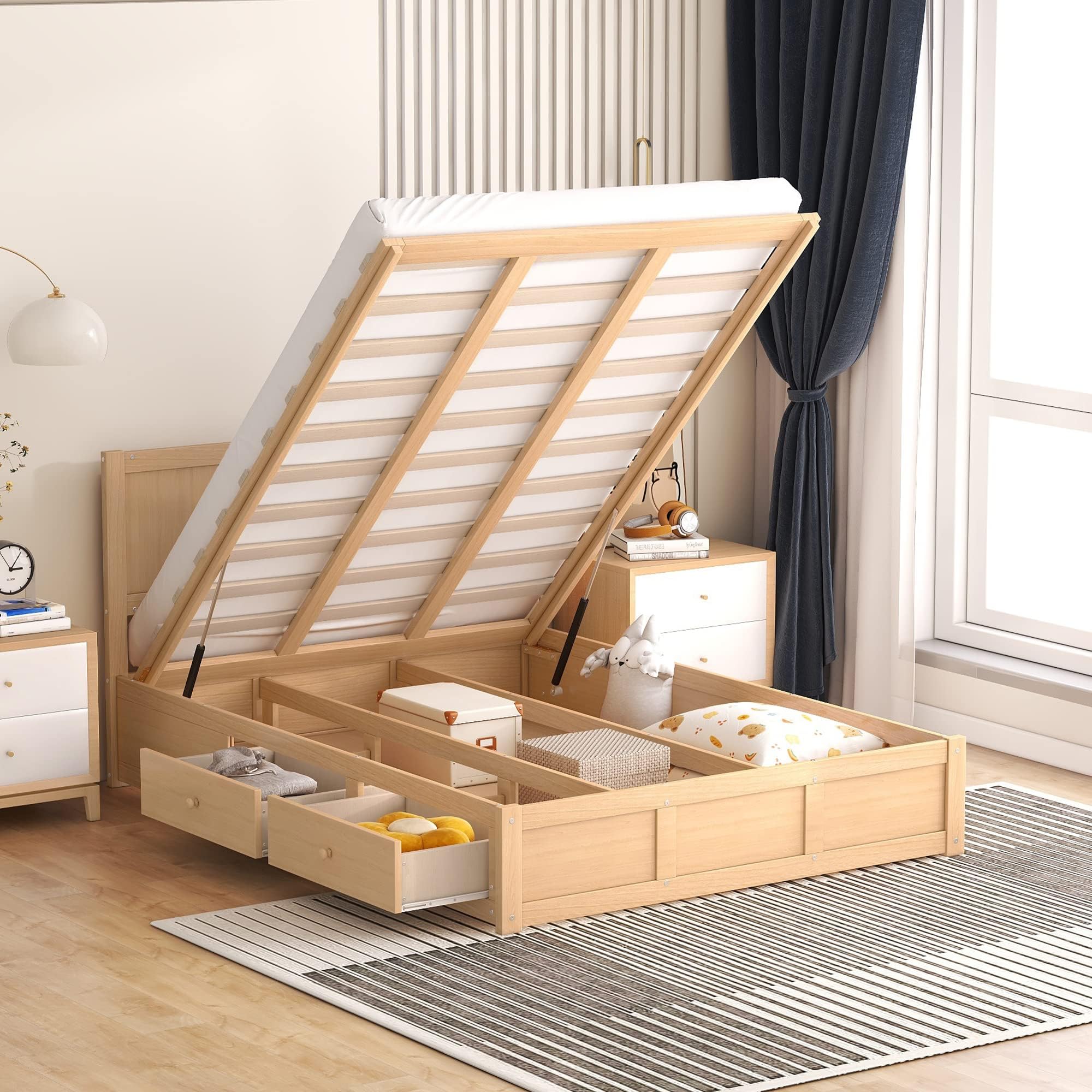 Amazon.com: Lift Up Storage Bed Full Size, Wooden Platform Beds with ...