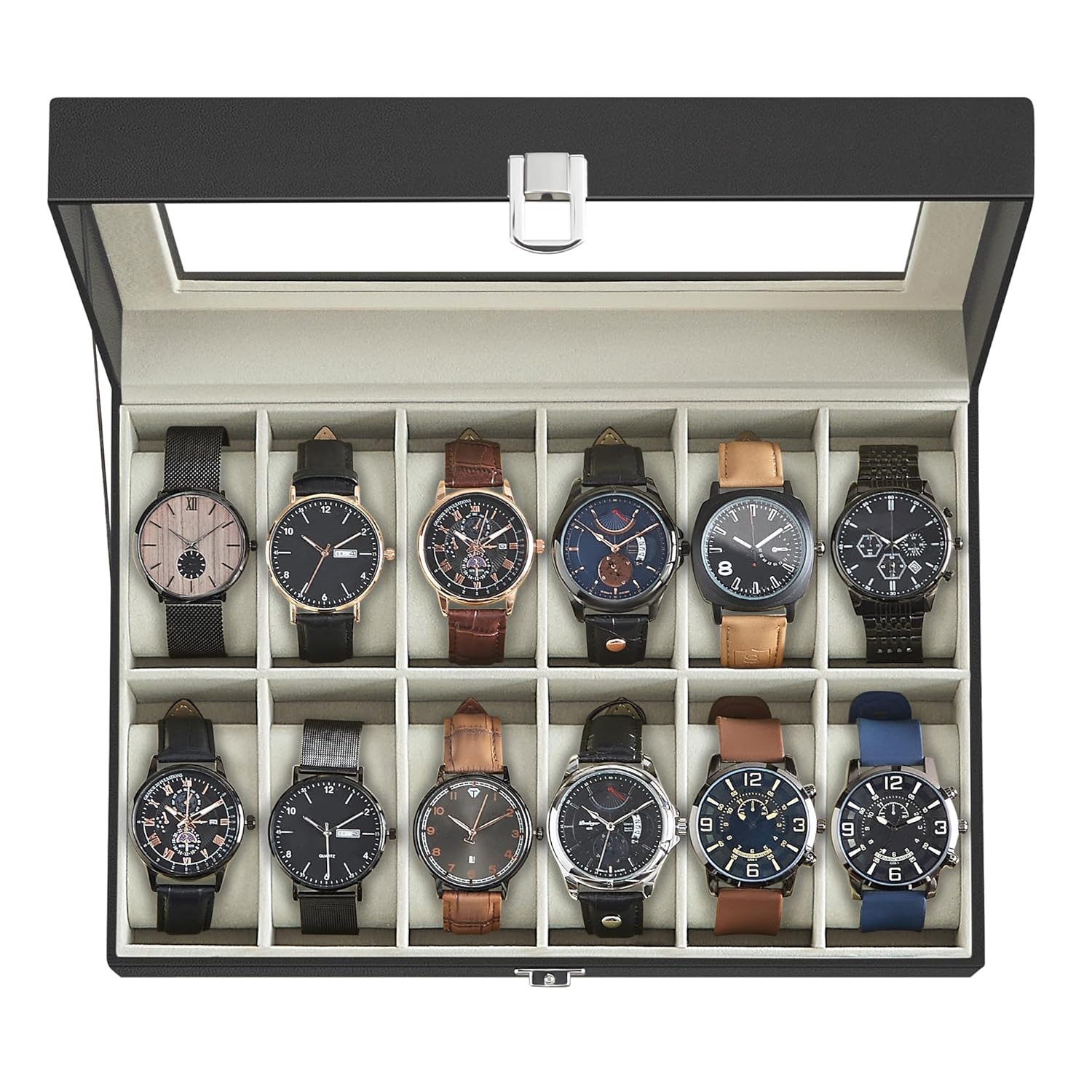 SONGMICS Watch Box, 12-Slot Watch Case with Large Glass Lid, Removable ...