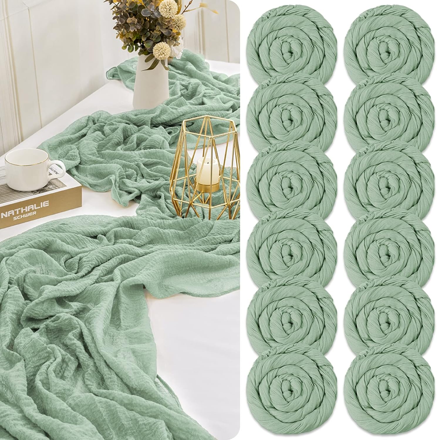 Amazon.com: 12 Pack Sage Green Cheesecloth Table Runner,10FT Gauze ...