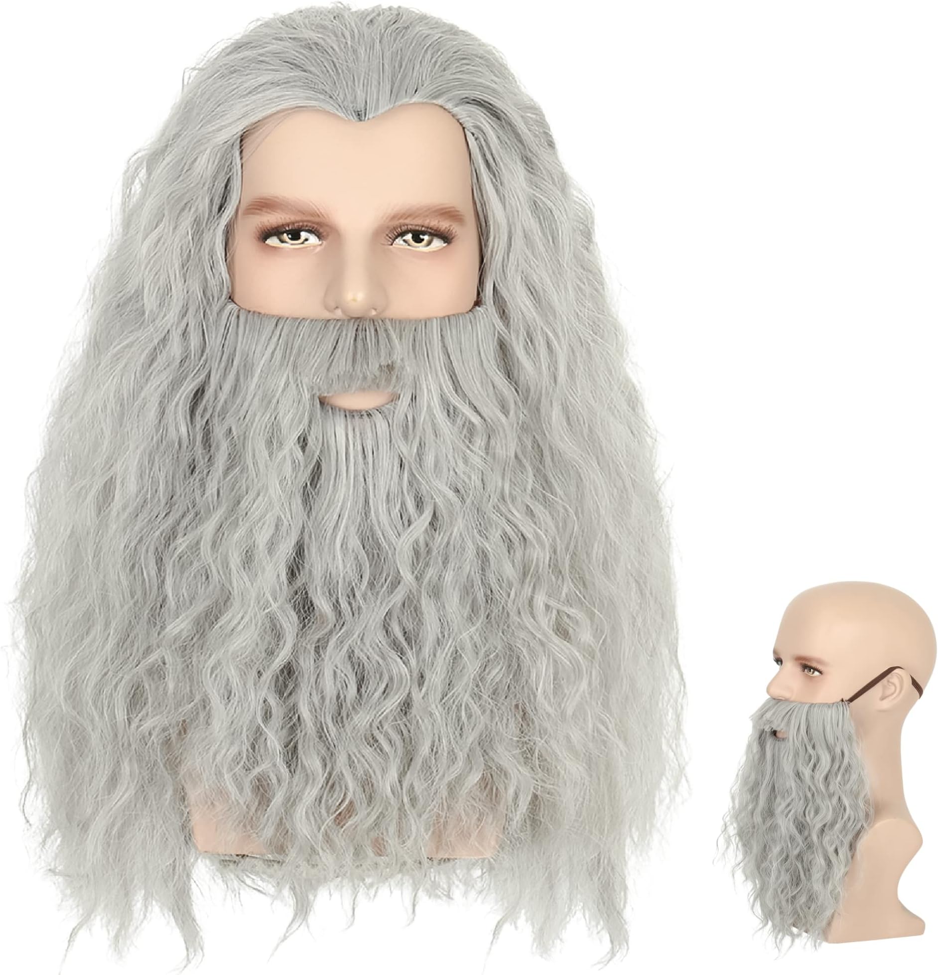Amazon.com: Koonfan Grey Wizard Wig and Beard Set Long Curly Halloween ...