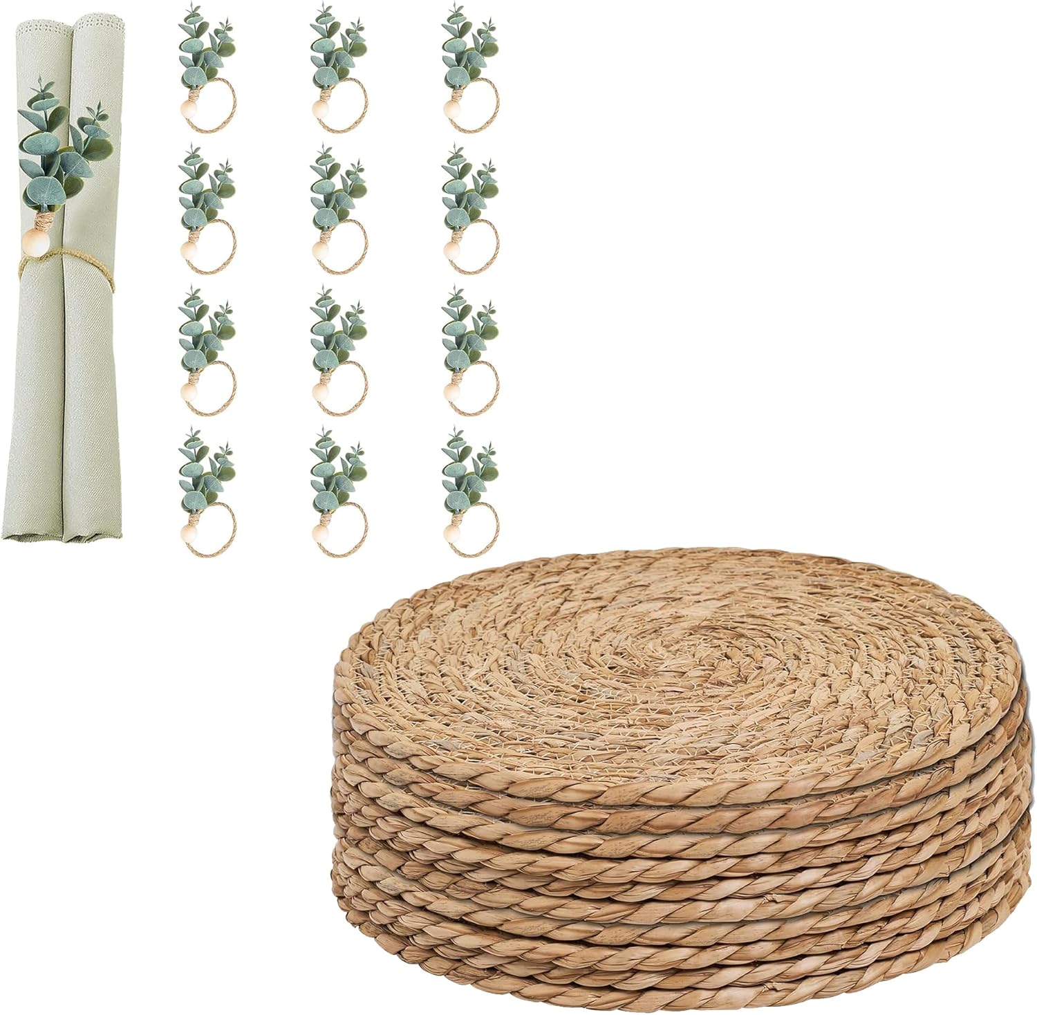 Amazon.com: Woven Placemats Set of 10&Napkin Rings Set of 12,12" Round ...