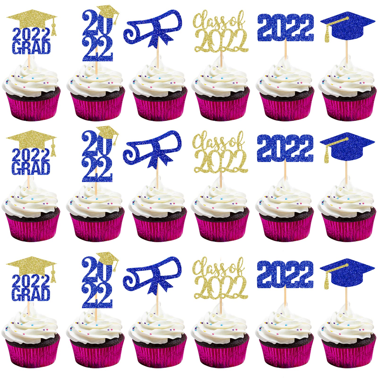 Buy 24Pcs Graduation Cupcake toppers Blue, Graduation Cake Topper 2022 ...