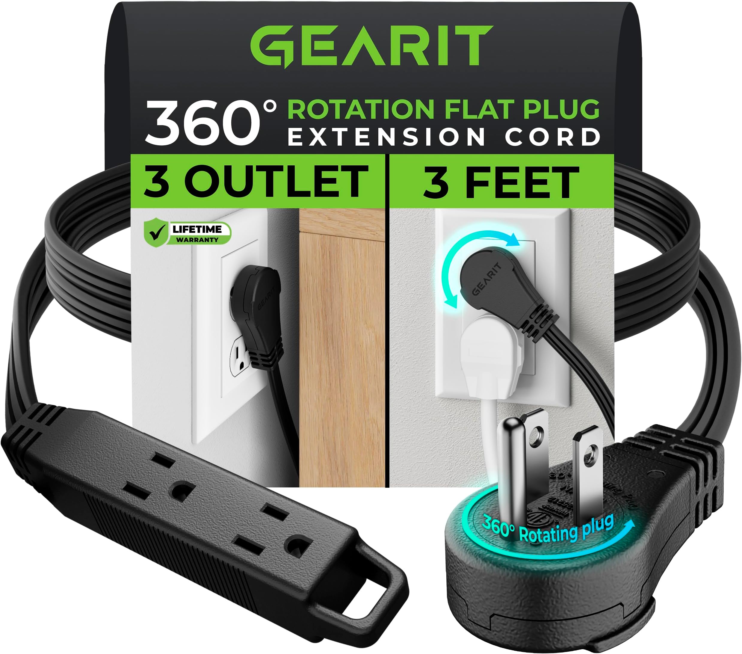 GearIT 360° Rotating Flat Plug Extension Cord (3ft, Black) Multi 3 ...