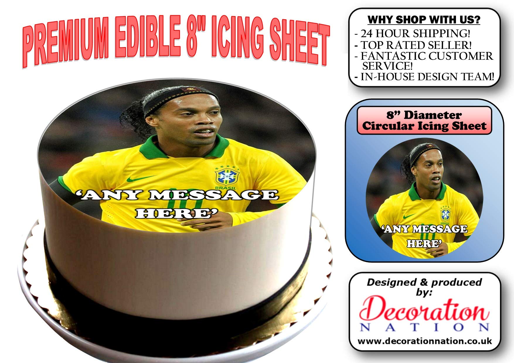 Buy Personalised Ronaldinho Brazil Kit 8 Inch Round Edible Icing Cake ...