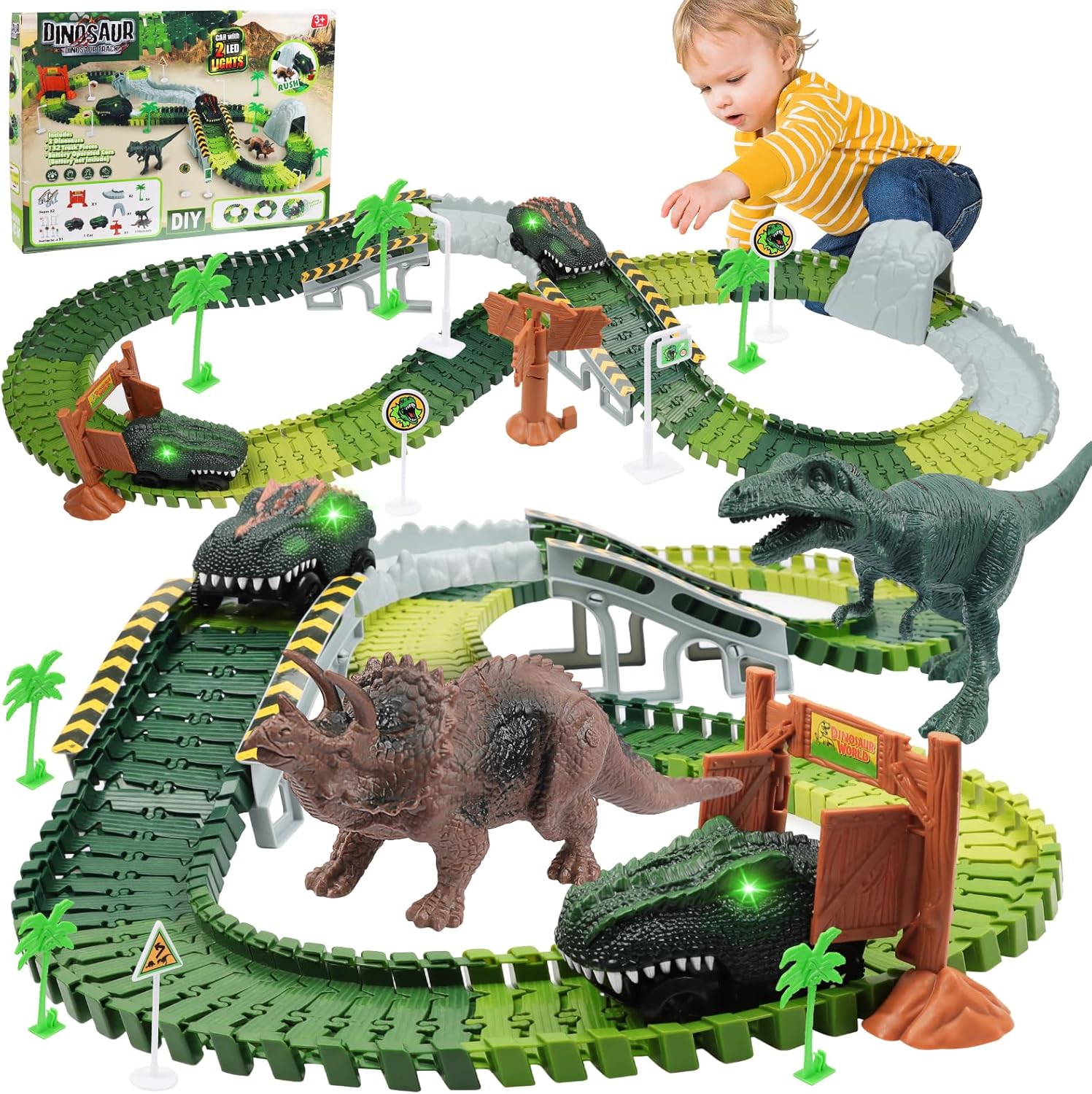 Dinosaur Race Track Toys, Flexible Dinosaur Track Playset with 2 ...