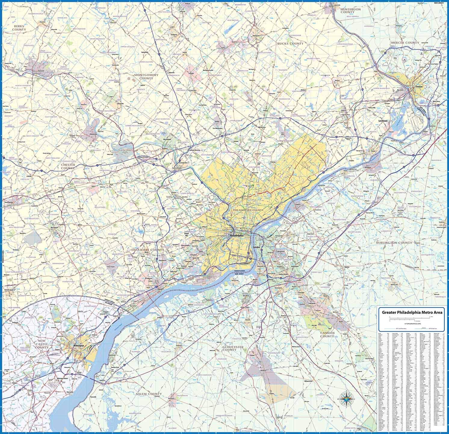 Amazon.com : Greater Philadelphia Metro Area Laminated Wall Map (42” x ...