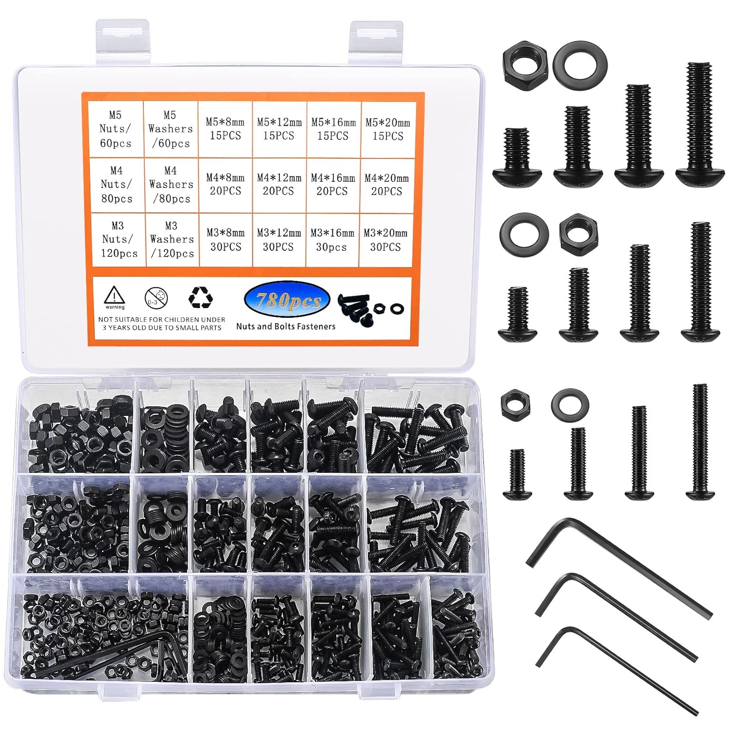 780 Pcs Hex Socket Head Cap Screws Bolts and Nuts and Washers Kit, M3 M4 M5 Black Pan Head Hex ...