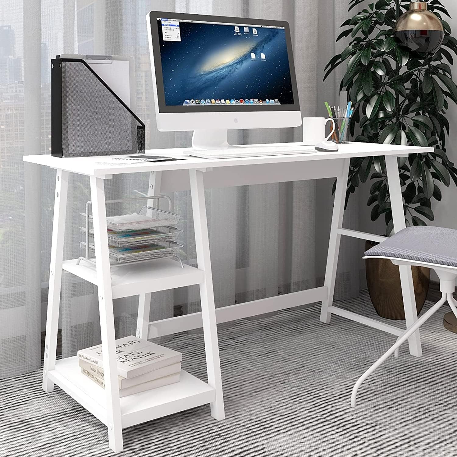 PUNCIA 120cm White Computer Desk with 2 Tiers Storage Shelves Working ...
