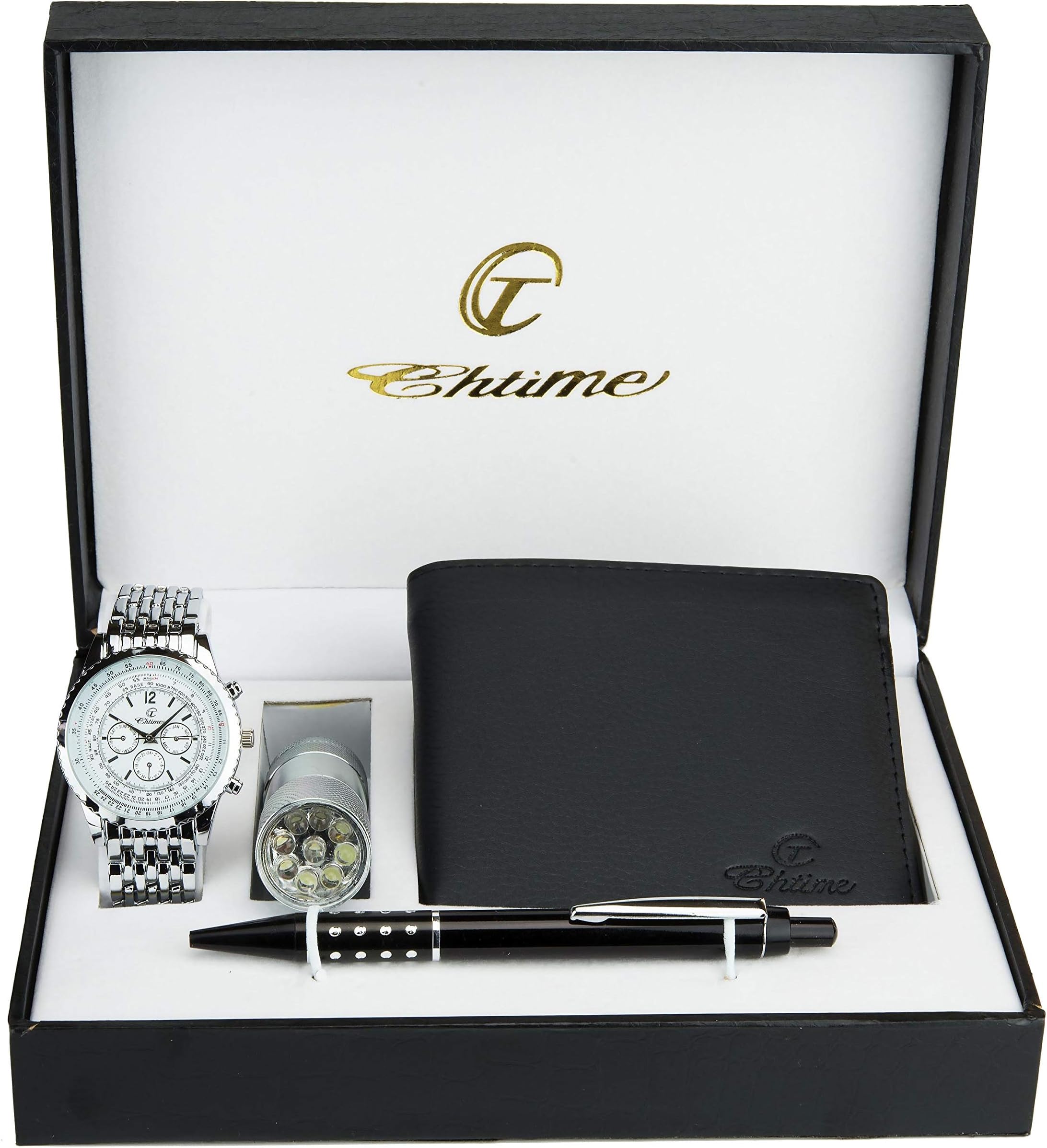 BELLOS Gift Box Men's Watch, Wallet, Torch Light, Pen, White, 40 ...