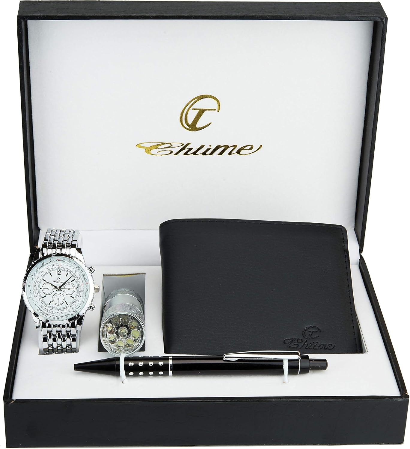 BELLOS Gift Box Men's Watch, Wallet, Torch Light, Pen, White, 40 ...