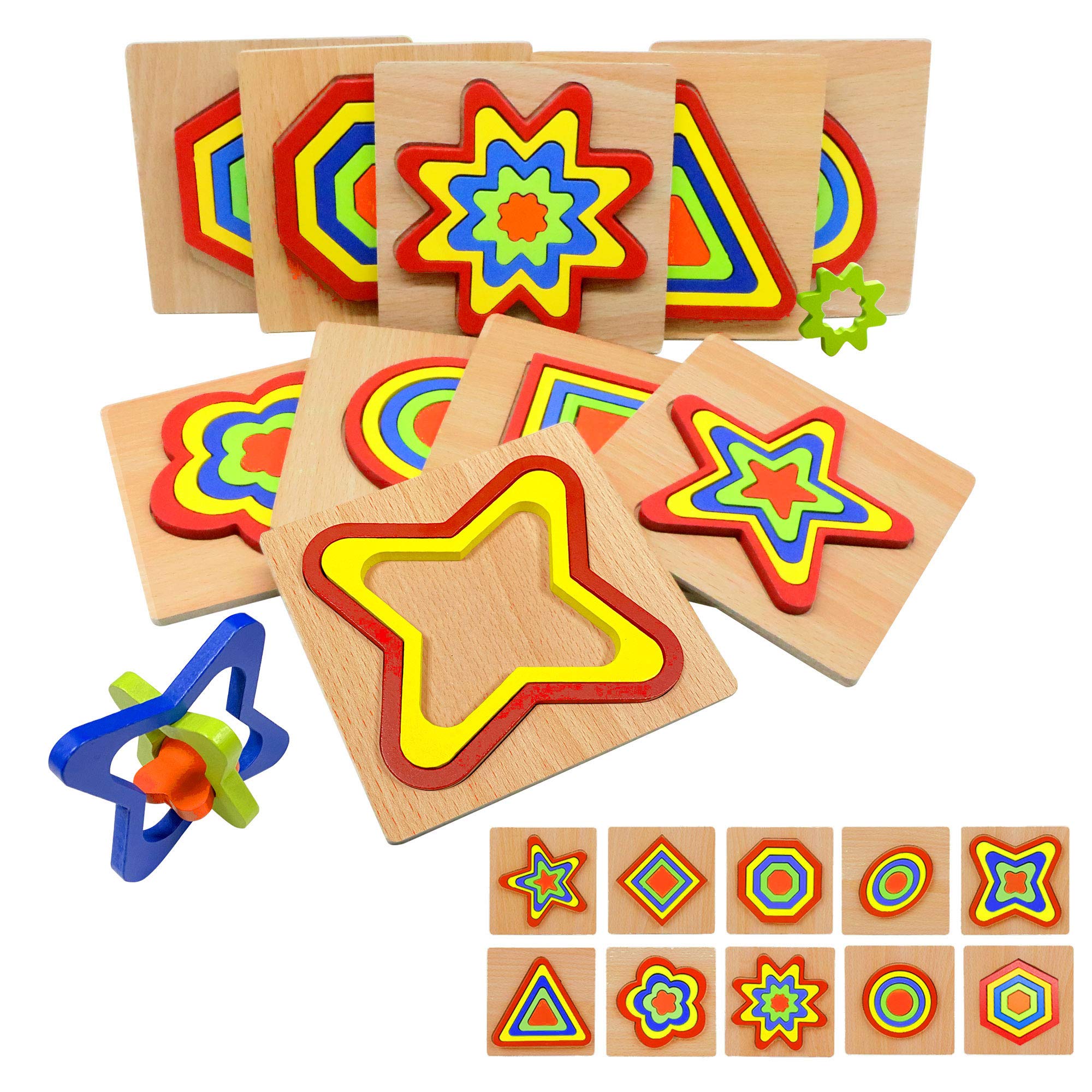 Baby Fun 10 Pcs Toddler Wooden Puzzles Montessori Shape Sorting ...