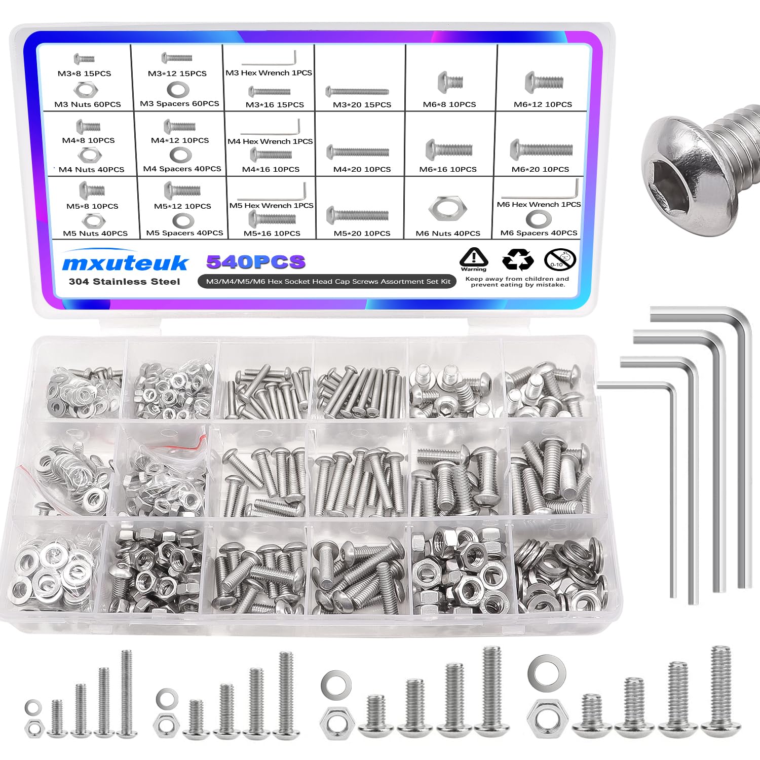 Snapklik.com : Mxuteuk M3 M4 M5 M6 Metric Screw Assortment Kit, 540Pcs ...