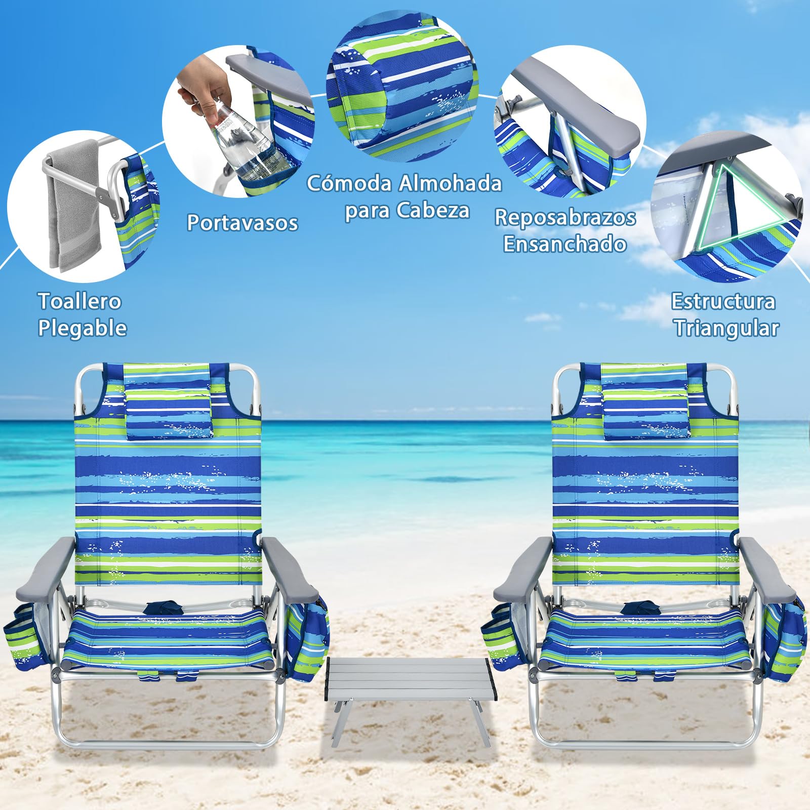 Silla Playa Baja GOPLUS Juego De 2 Sillas Playa Y Mesa Plegable, Silla ...