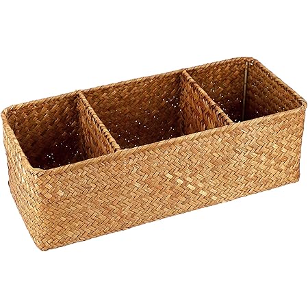 IGNPION 3-compartment Seagrass Storage Basket Woven Seagrass Desktop Basket Rectangular ...