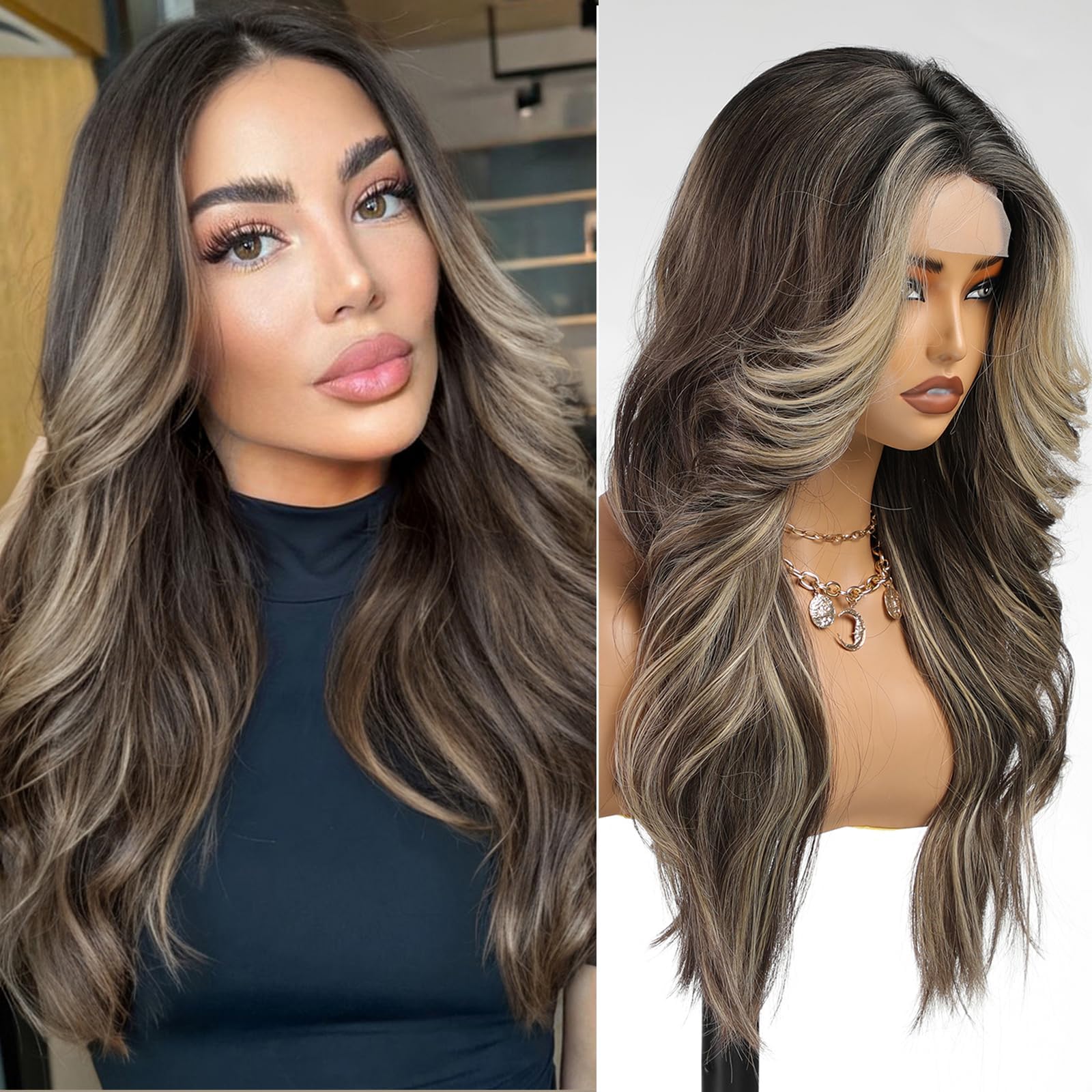 Amazon.com : KOME Brown Long Wavy Wigs for Women,Brown Highlight ...
