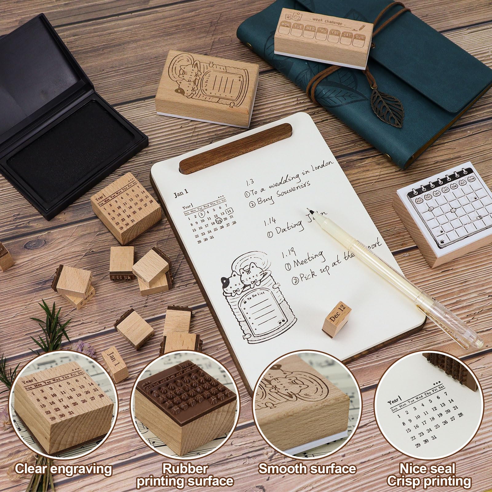 Snapklik.com : 17PCS Wooden Journal Stamps w/Ink Pad, Decorative Rubber ...