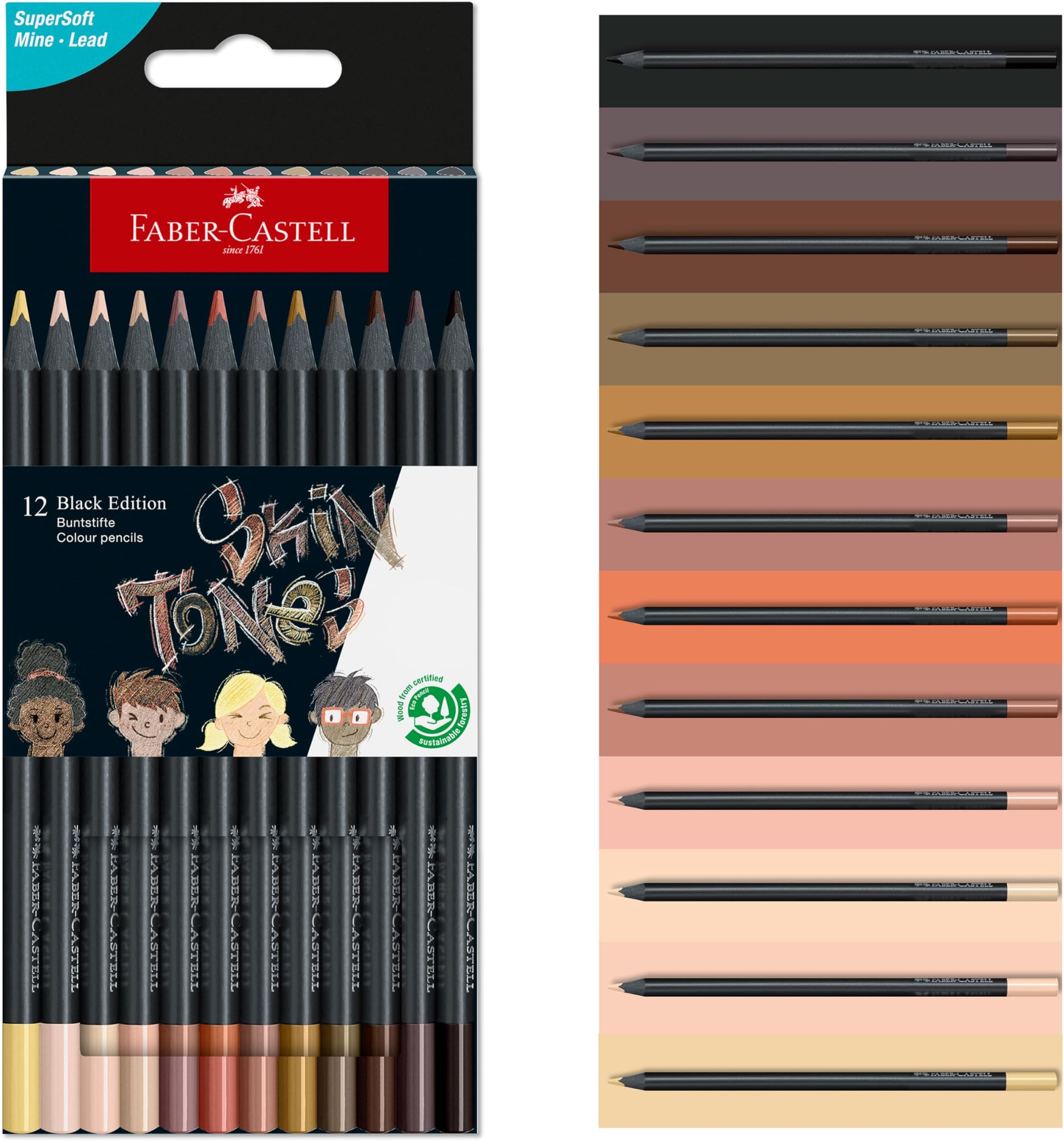 Amazon.com: Faber-Castell Black Edition Skin Tone Colored Pencils: 12 ...