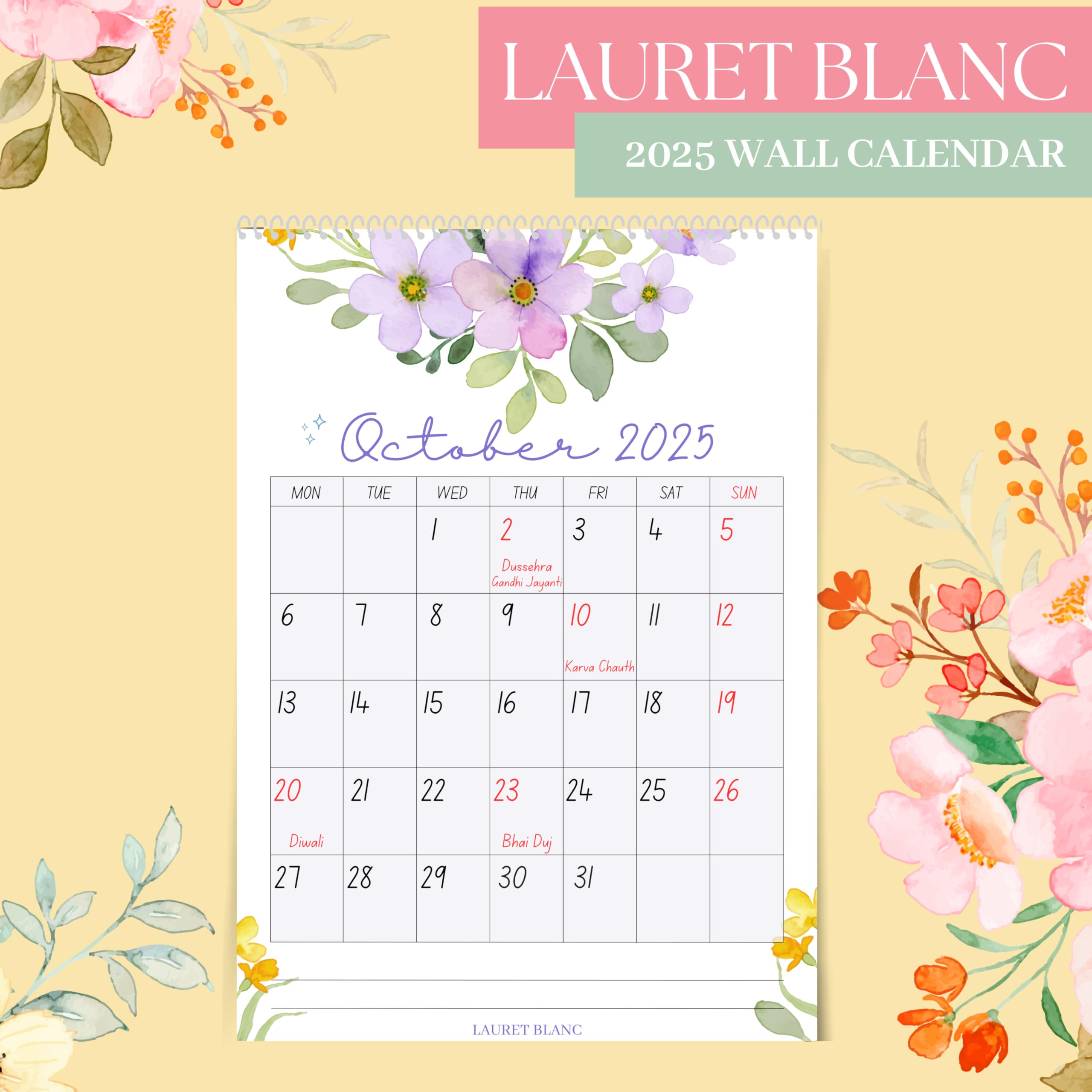 LAURET BLANC 2025 Wall Calendar -12" X 17.5" for Home & Office, Floral ...