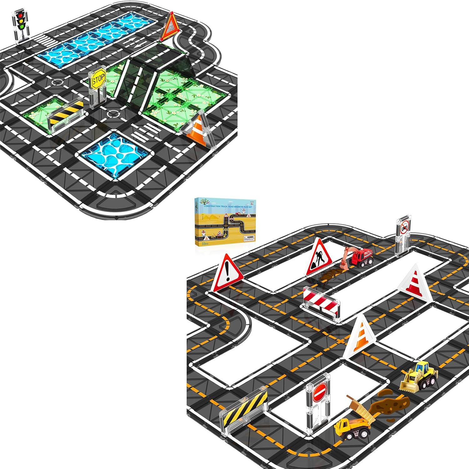 Amazon.com: Magnetic Tiles, Engineering Construction Vehicle Road Set ...